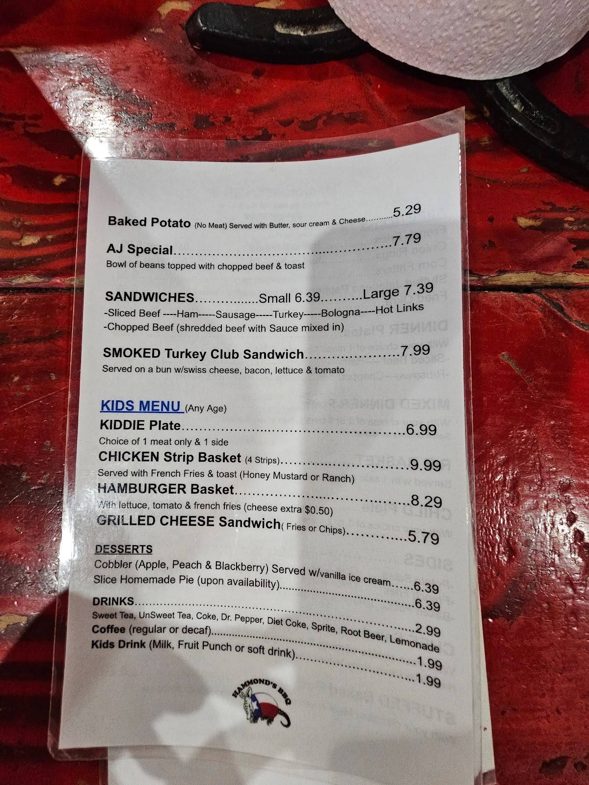 Menu at Hammond's B-B-Q BBQ, Glen Rose