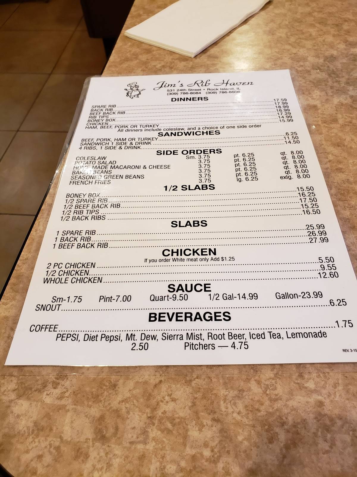 Menu at Jim's Rib Haven BBQ, Rock Island
