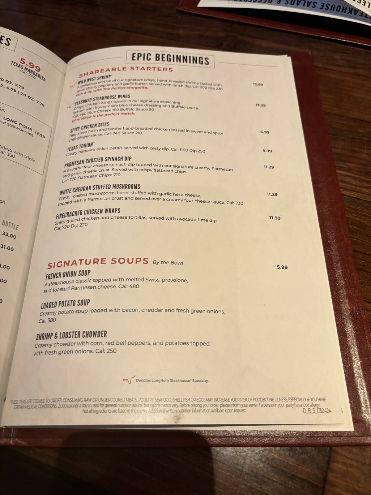 Menu at LongHorn Steakhouse, Mount Dora