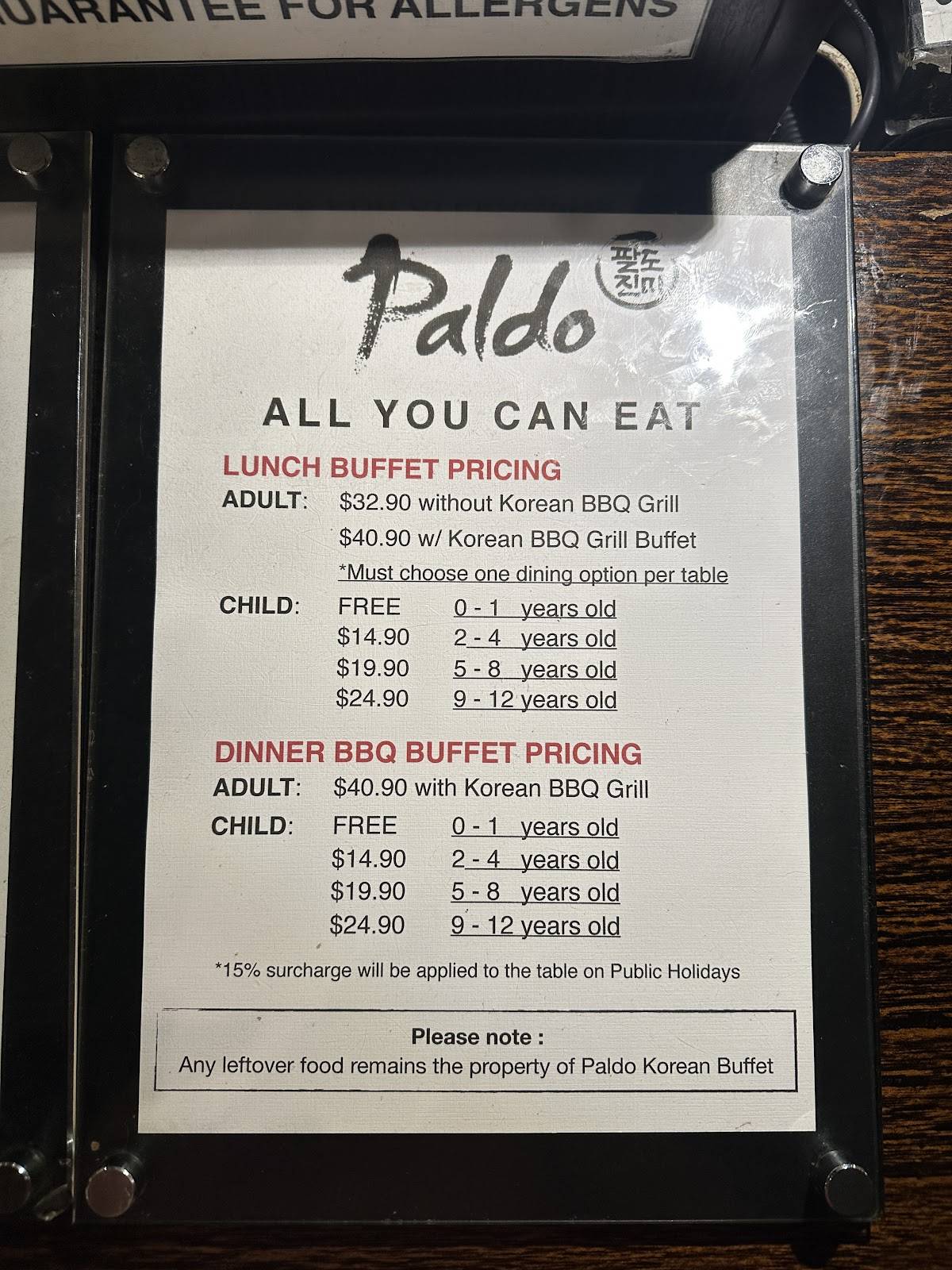 Menu at Paldo Korean Buffet Botany BBQ, Auckland