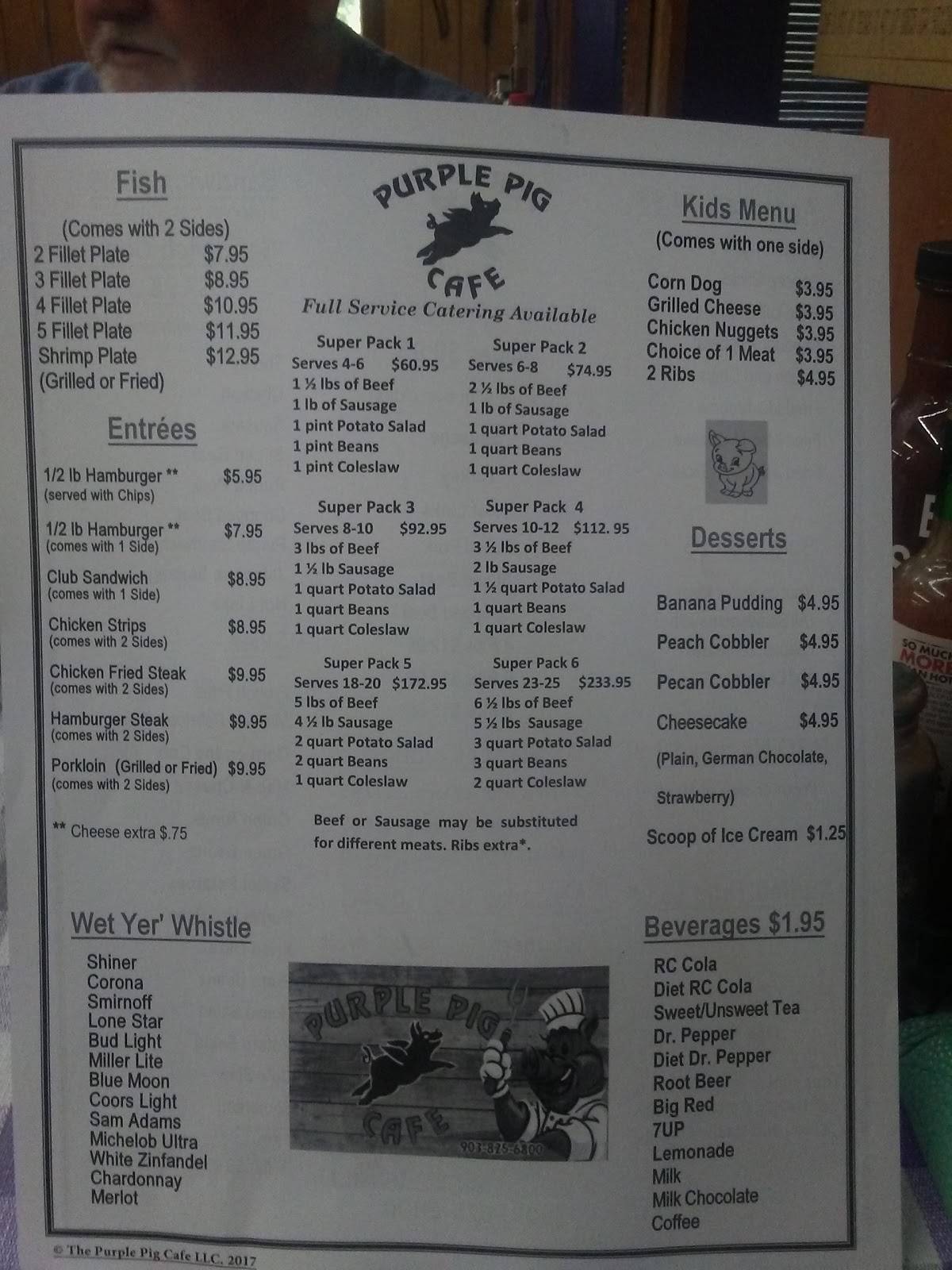 Menu at Purple Pig Cafe, Noonday, State Hwy 155