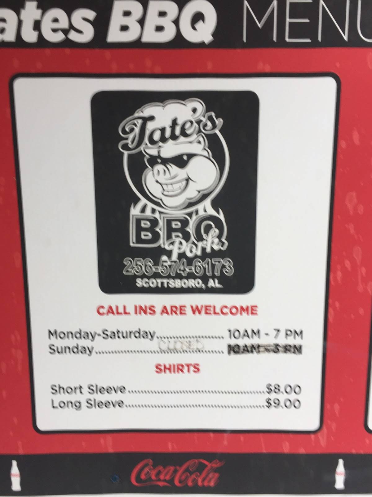 Menu at Tate's Bar-B-Que, Scottsboro, 103 Stewart Rd
