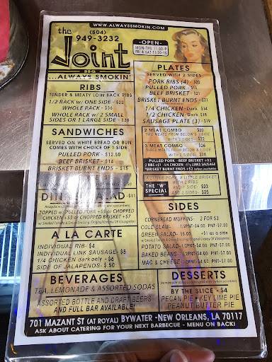 Menu at The Joint BBQ, New Orleans, 701 Mazant St
