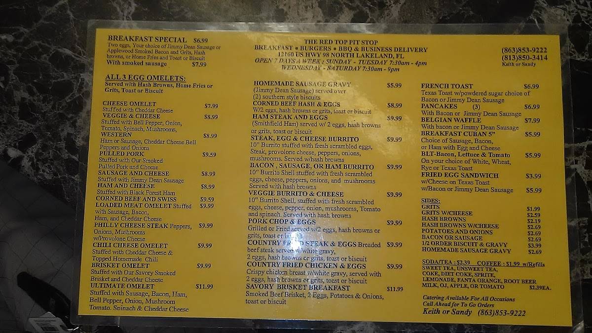 Menu at The Red Top Pit Stop BBQ, Lakeland, US Hwy 98 N