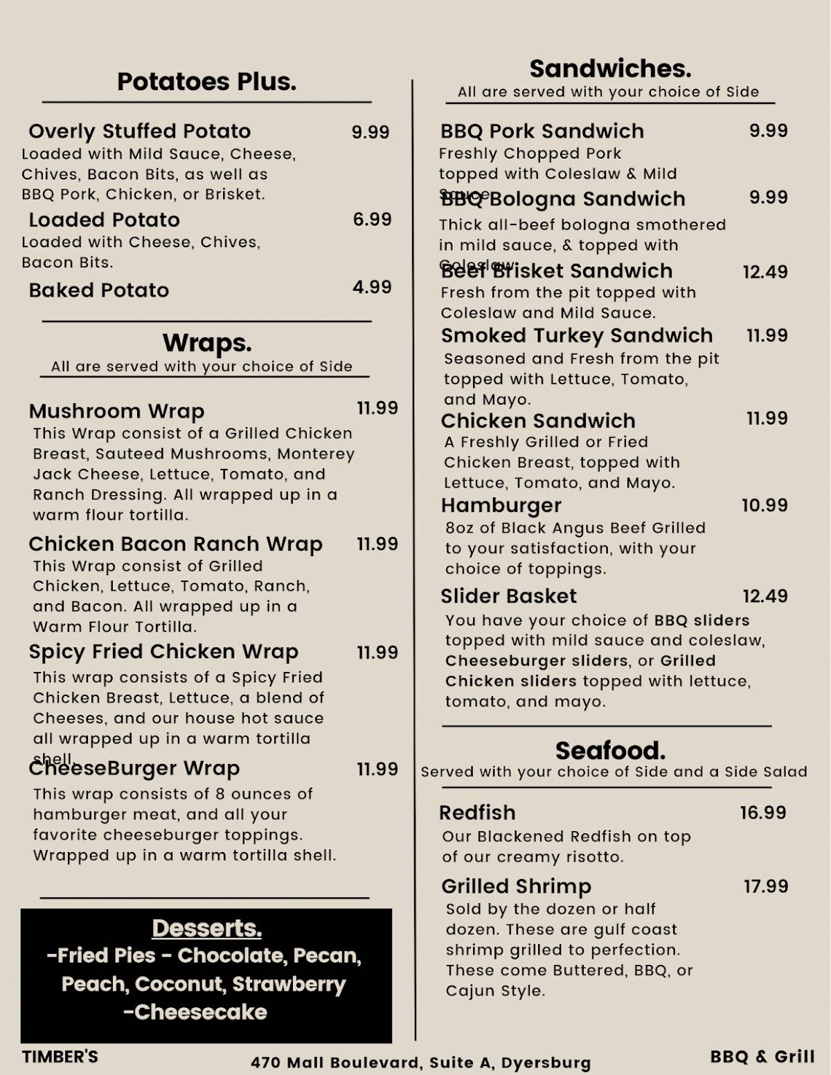 Menu at Timbers BBQ and Grill, Dyersburg