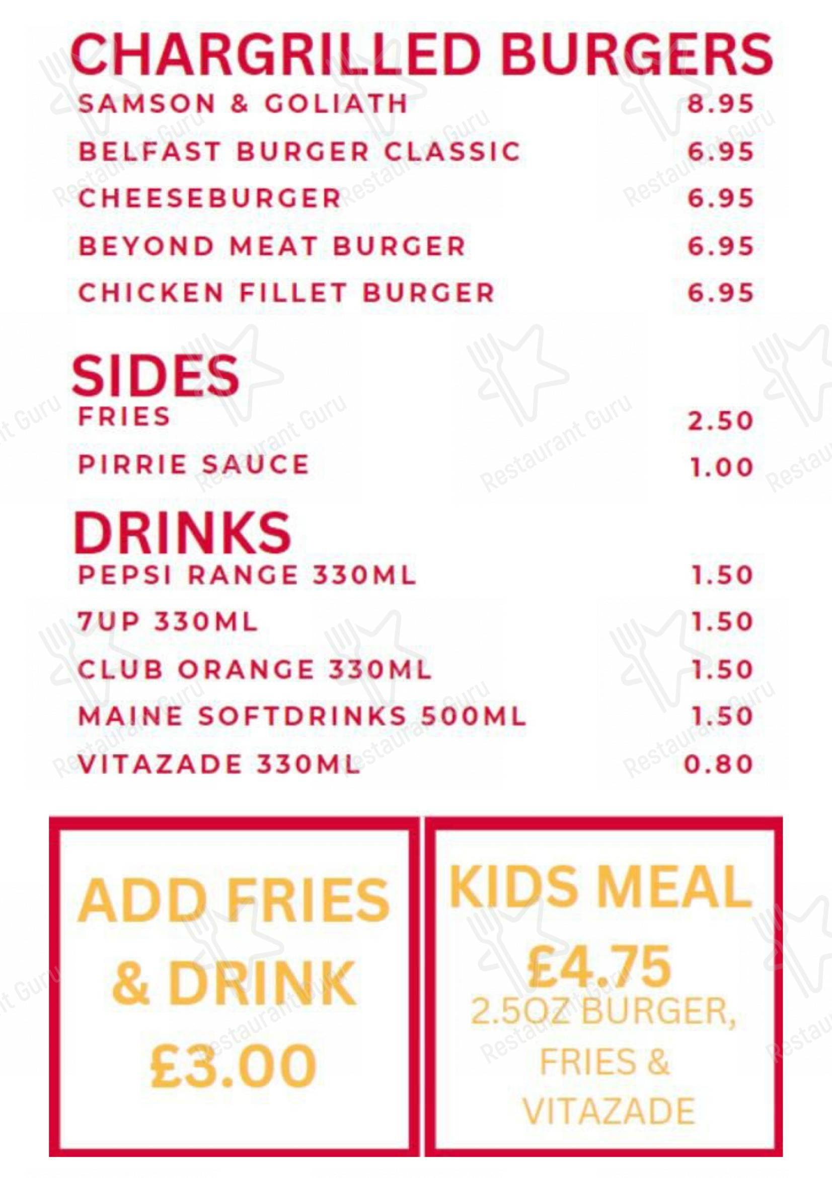 Menu at Belfast Burger restaurant, Belfast