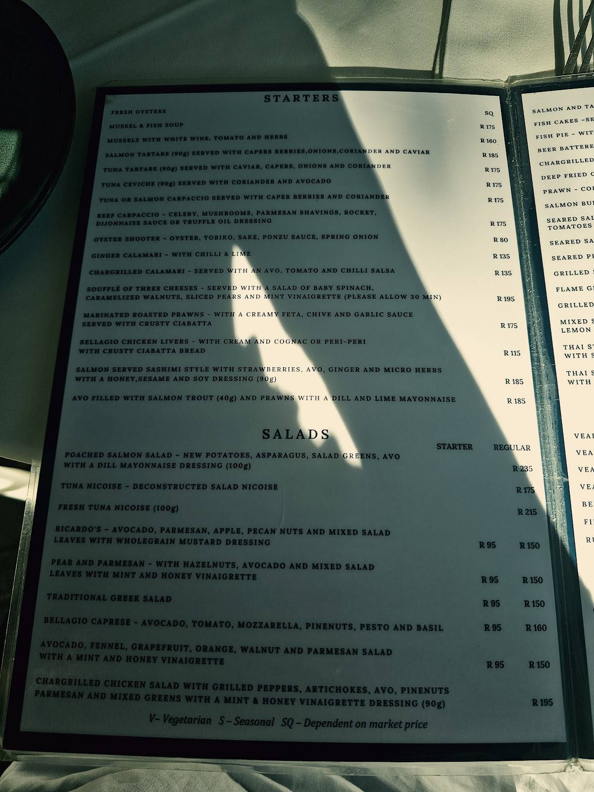 Menu at BELLAGIO restaurant, Johannesburg, 257 Oxford Rd