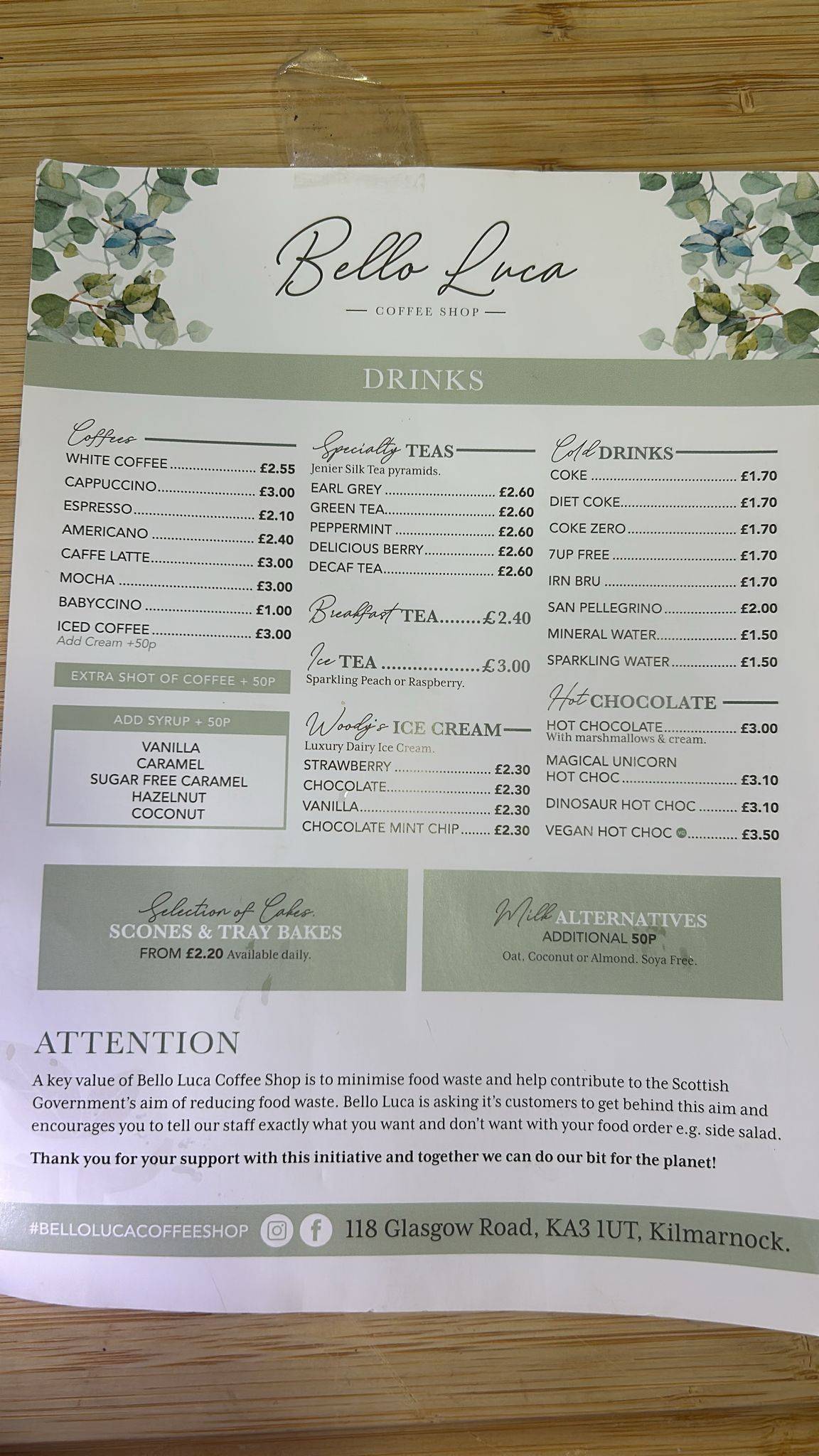 Menu at BELLO LUCA cafe, Kilmarnock