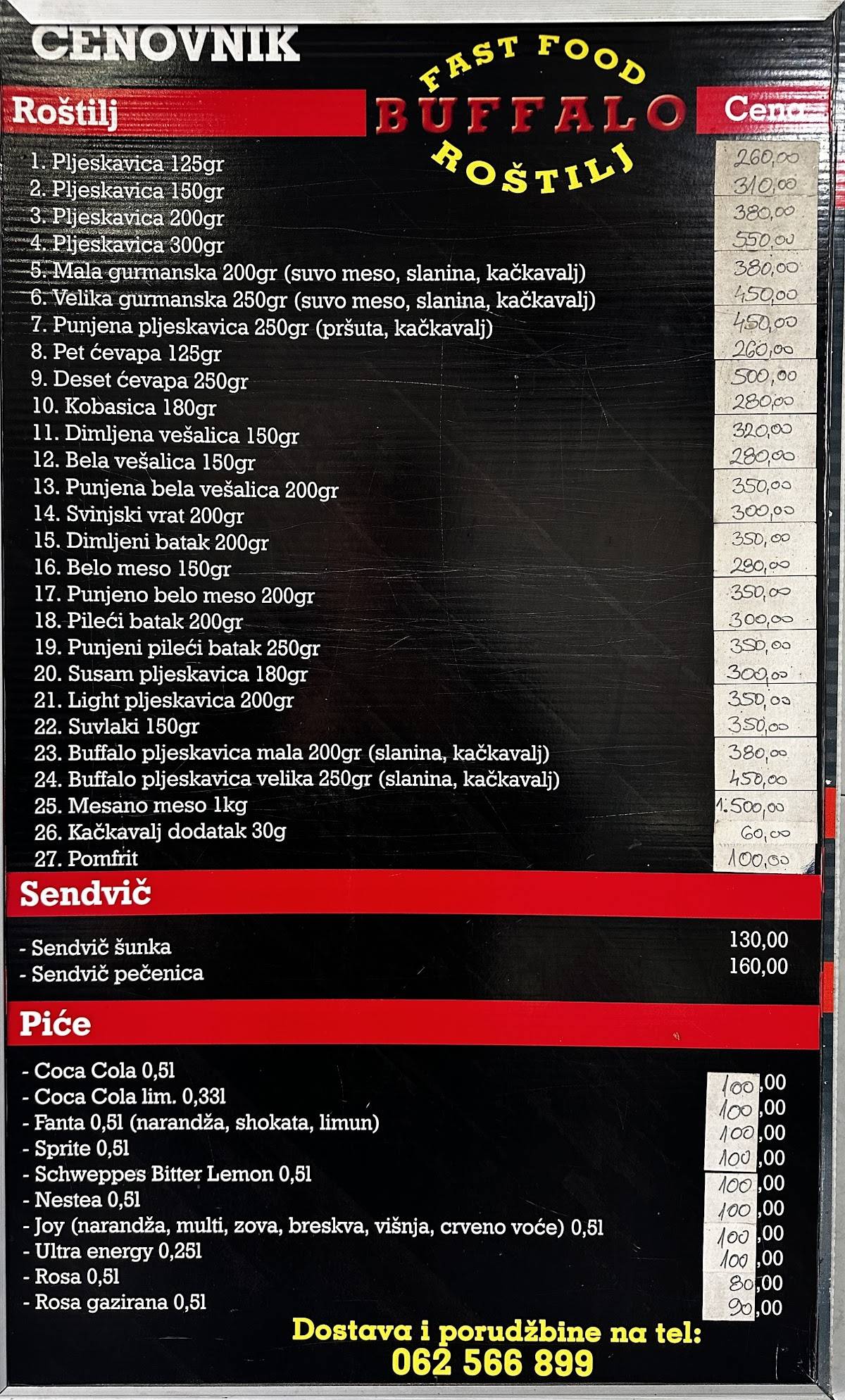 Menu at BUFFALO ROSTILJ restaurant, Šabac