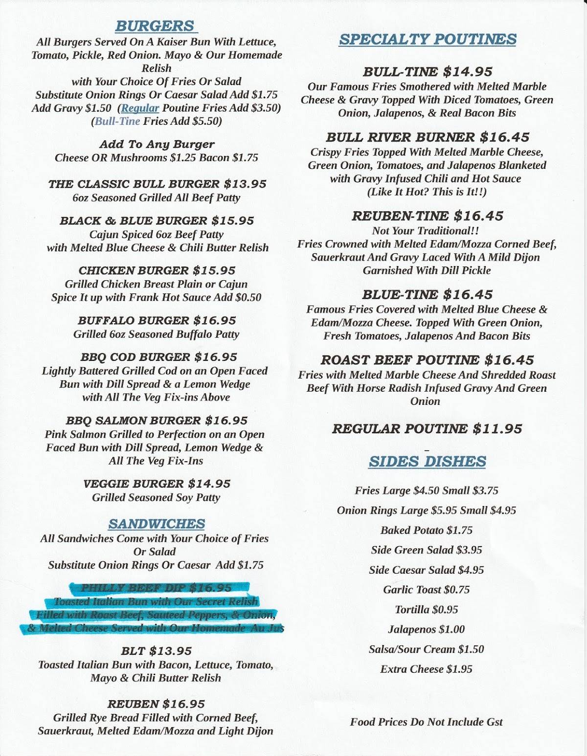 Menu at BULL RIVER INN pub & bar, Bull River, Wardner Fort Steele Rd