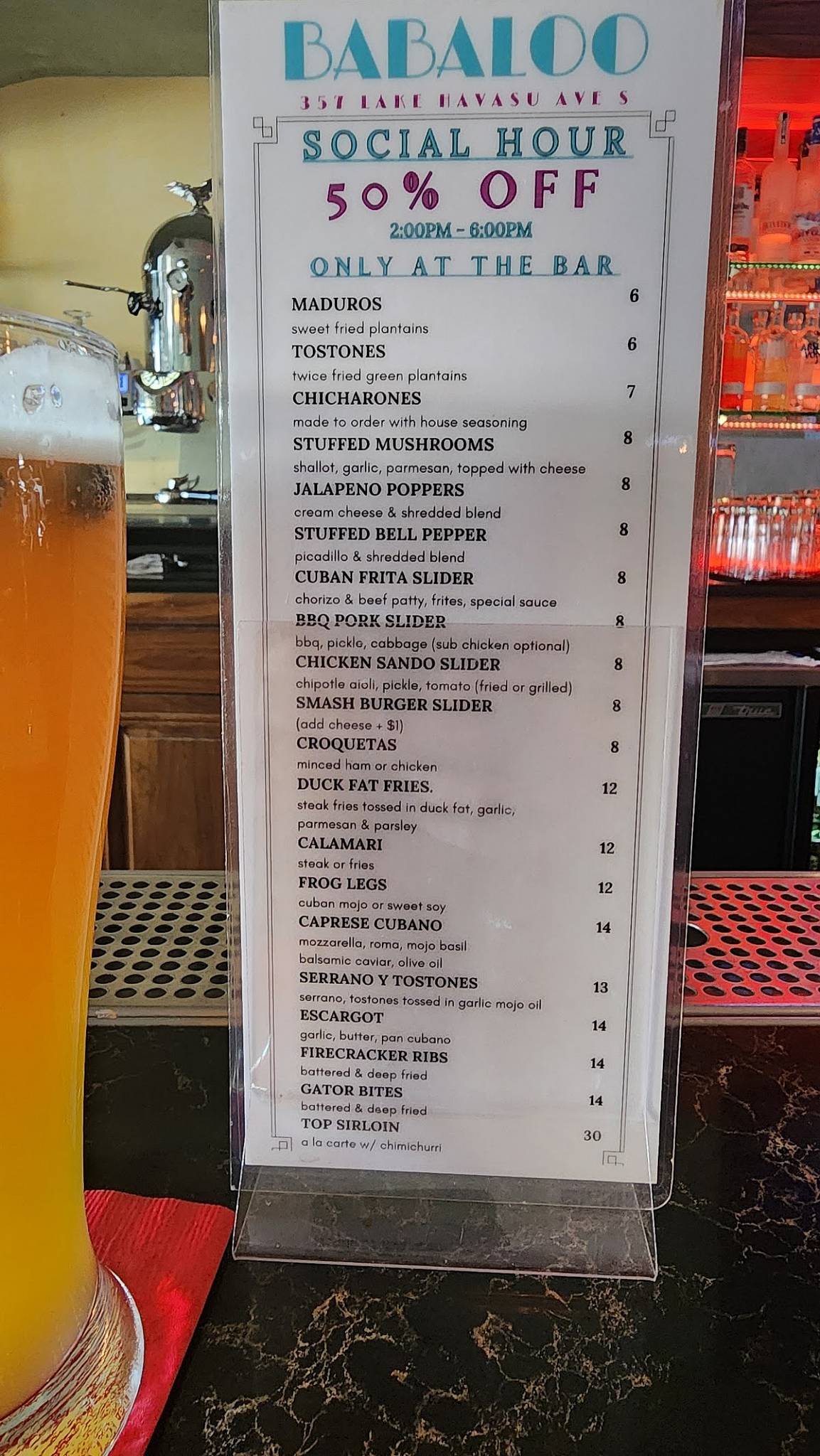 Carta del pub y bar Babaloo Lounge, Lake Havasu City
