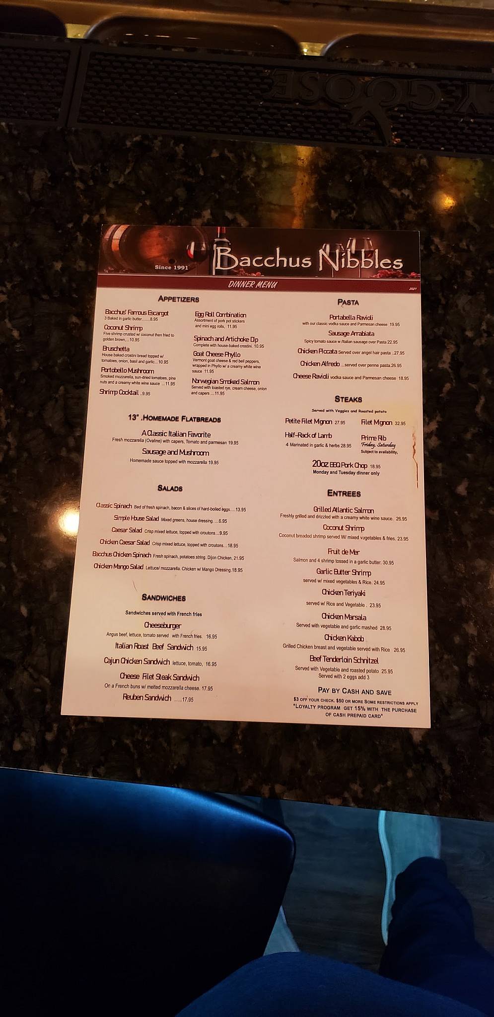 Menu at Bacchus Nibbles Restaurant and Bar, Lake Zurich