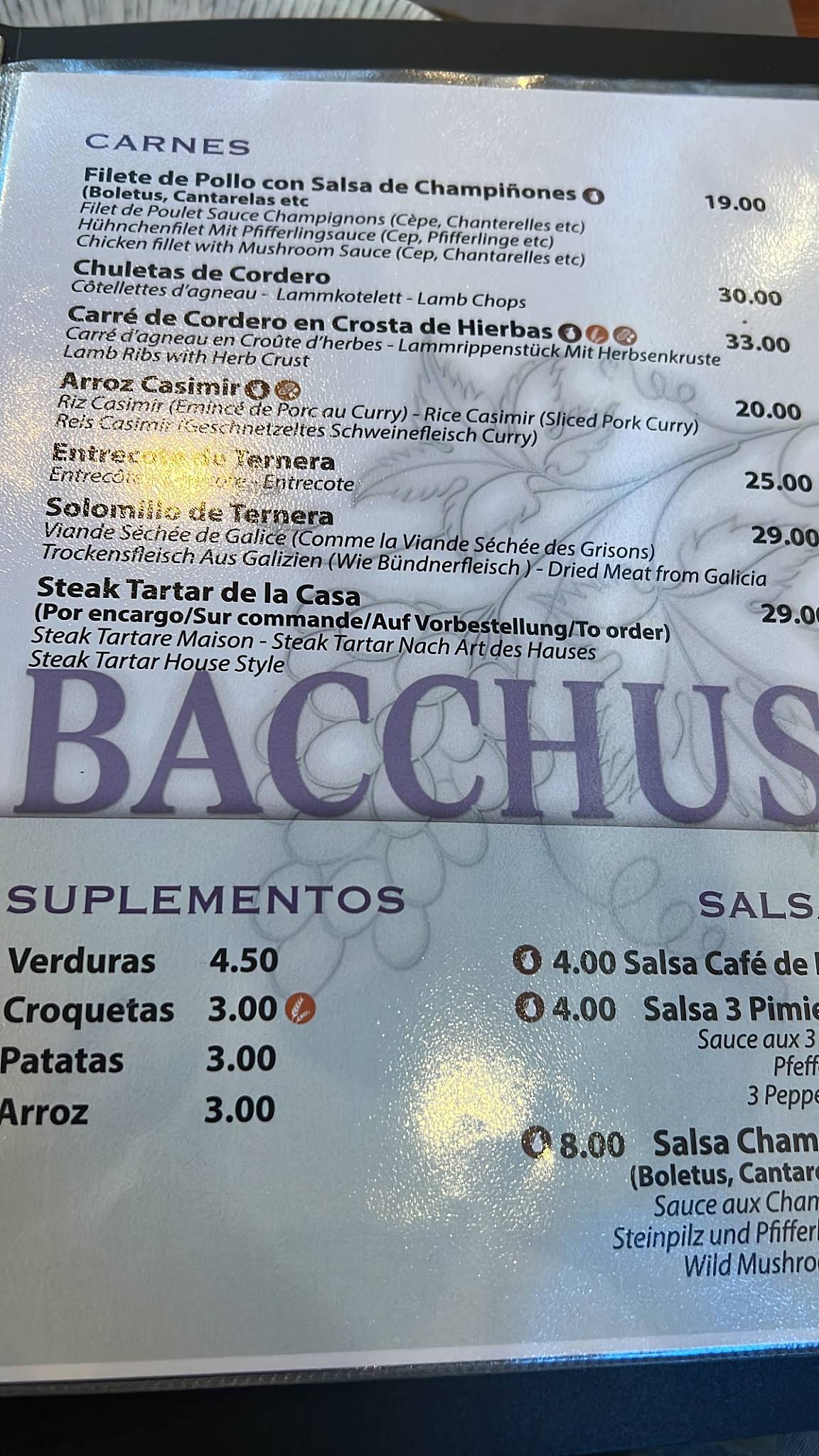Carta del restaurante Bacchus, Jávea, Travessera del les Cansalades