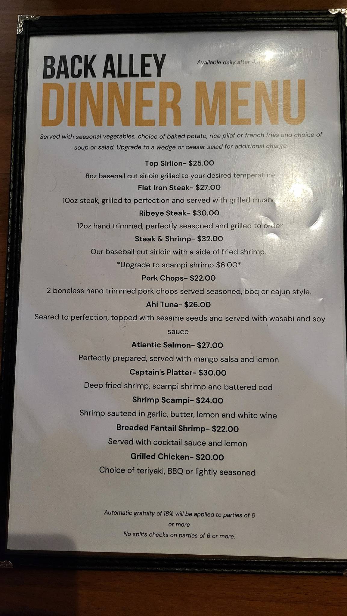 Menu at Back Alley Bowl & Grill pub & bar, Bishop