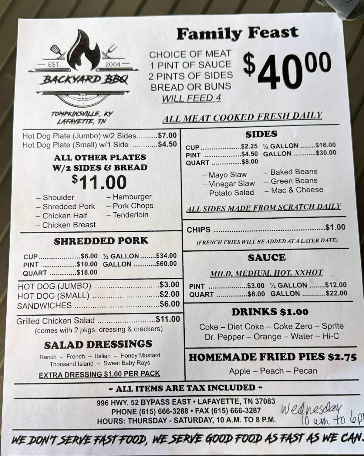 Menu at Backyard BBQ, Lafayette