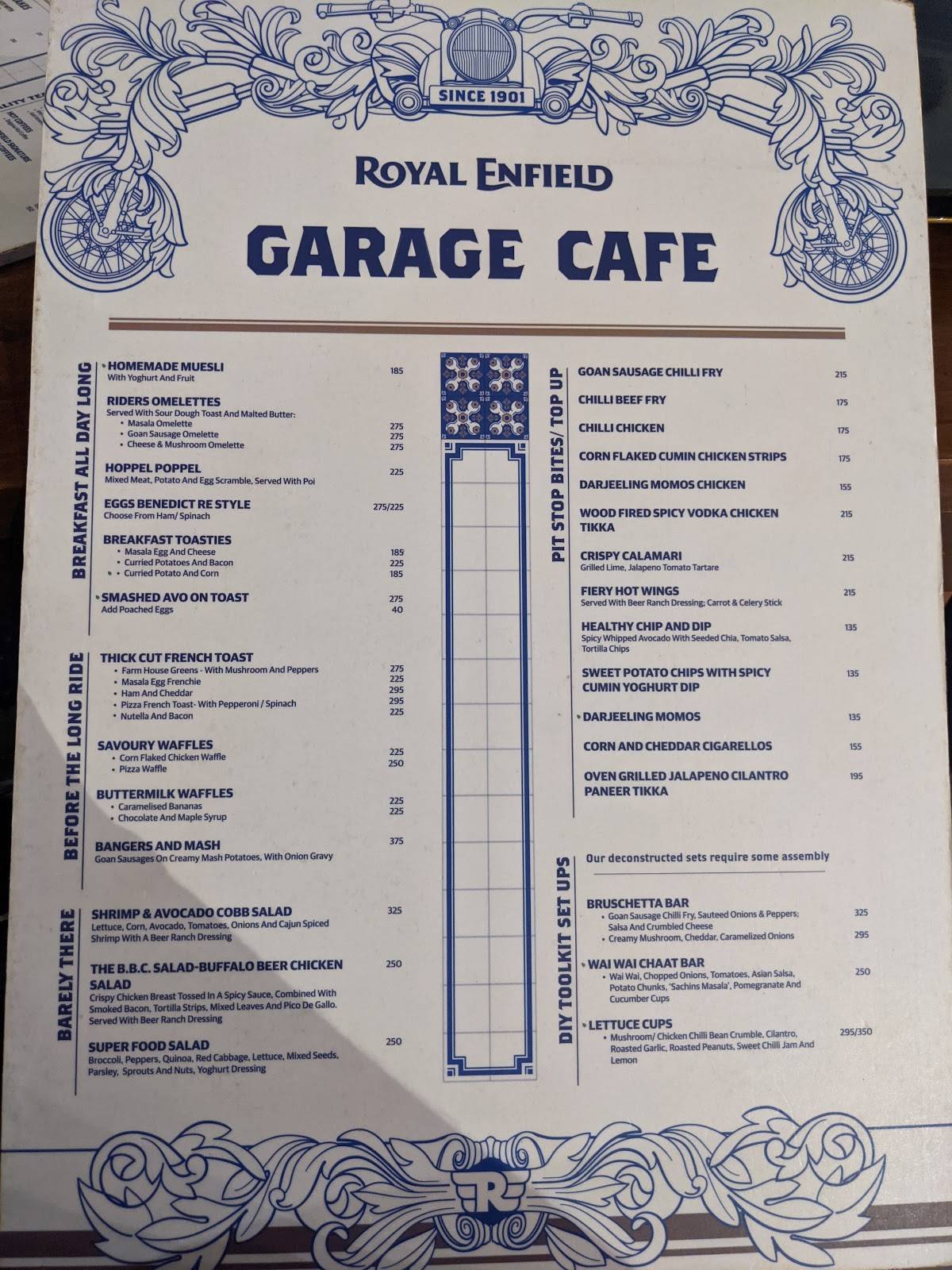 Menu at Royal Enfield Garage Cafe, Baga
