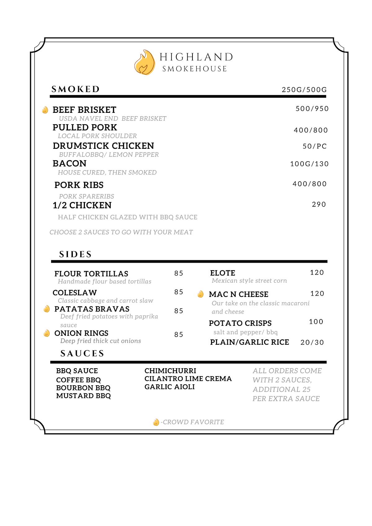 Menu at Highland Smokehouse restaurant, Baguio