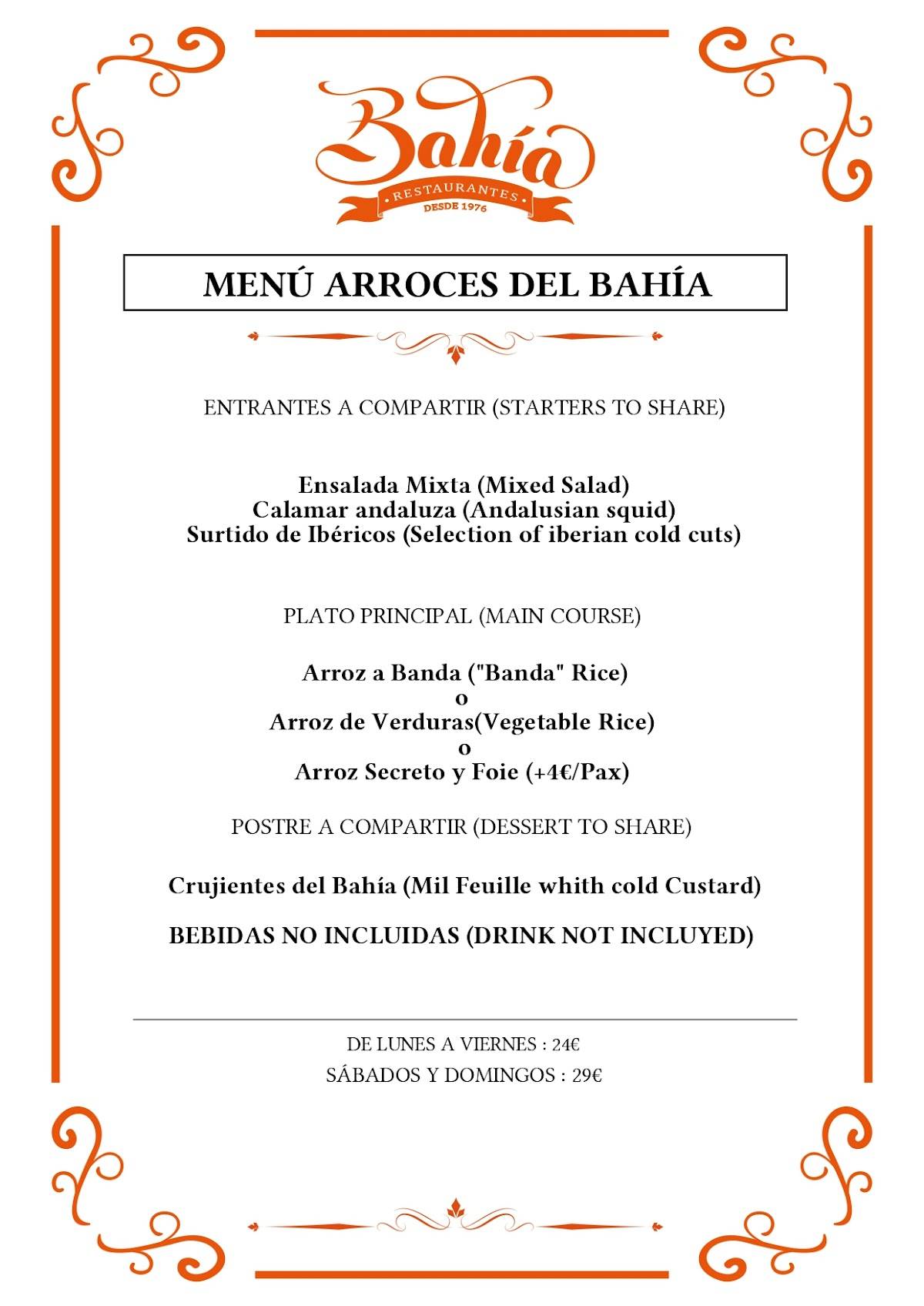 Menu at Bahía Restaurante, Torrevieja