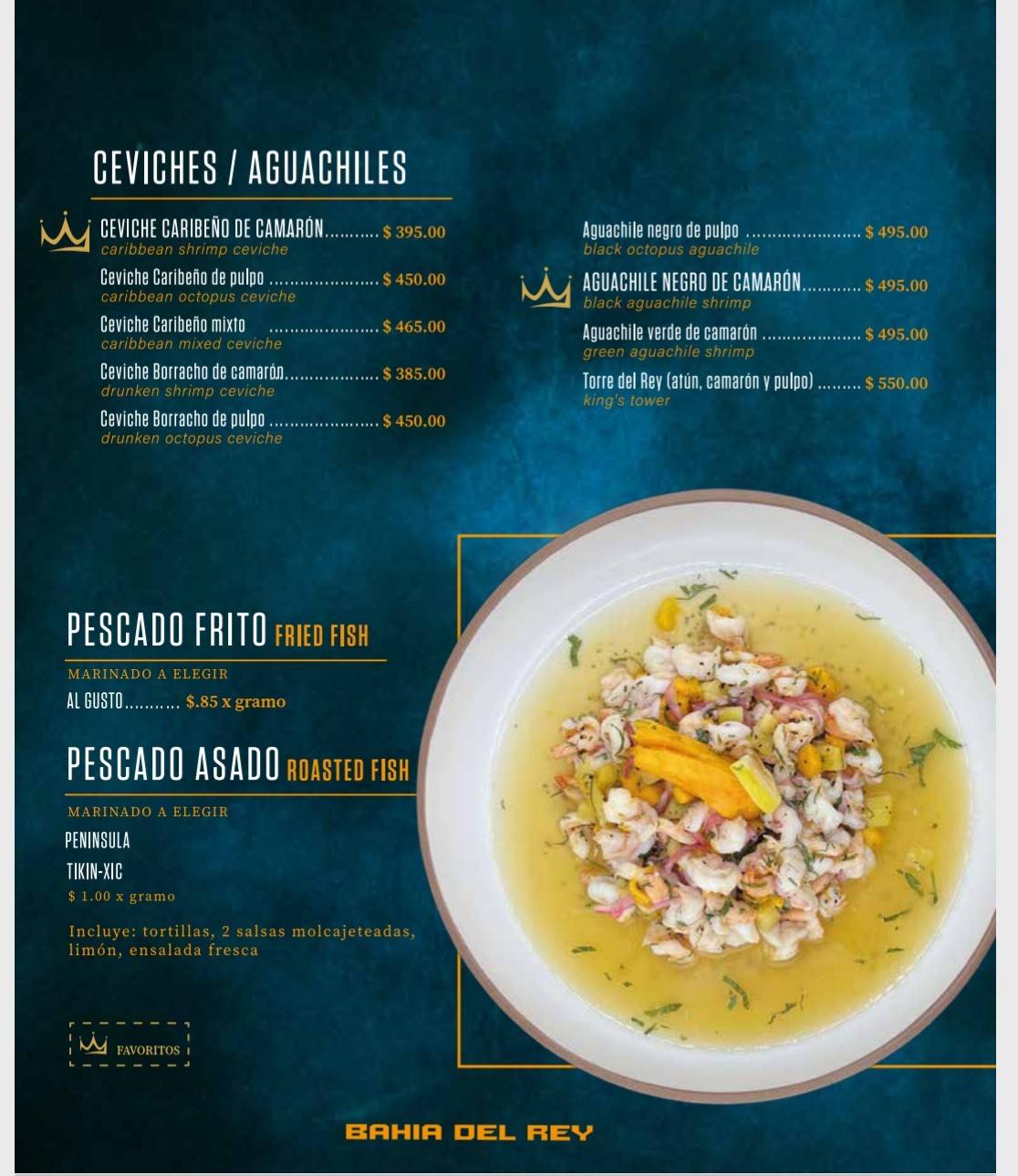 Menu at Bahía del Rey restaurant, Isla Mujeres