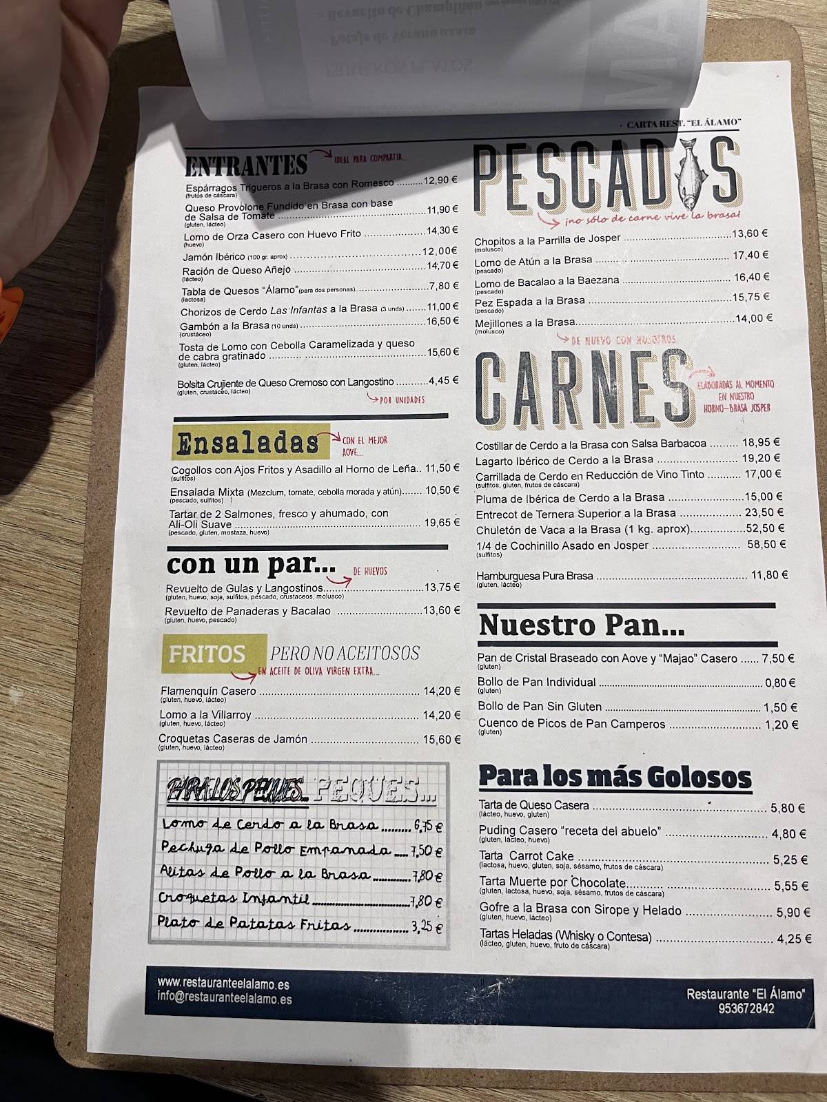Carta de Restaurante "El Alamo", Bailén