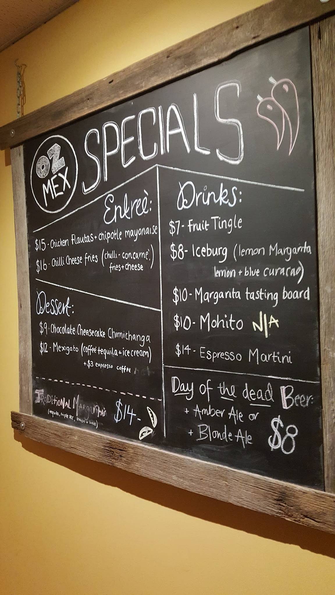 Menu at Oz Mex restaurant, Bairnsdale