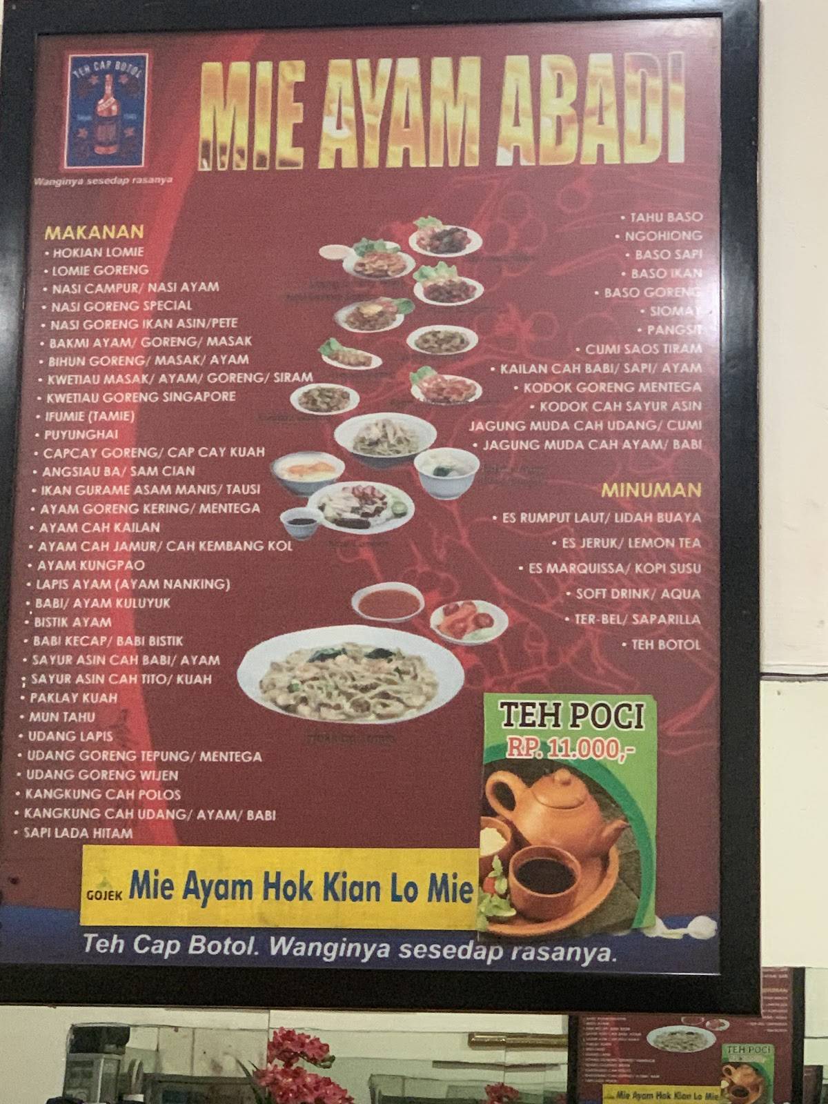 Menu at Bakmi Ayam Abadi Sunter (Hok Kian Lo Mie) restaurant, North Jakarta