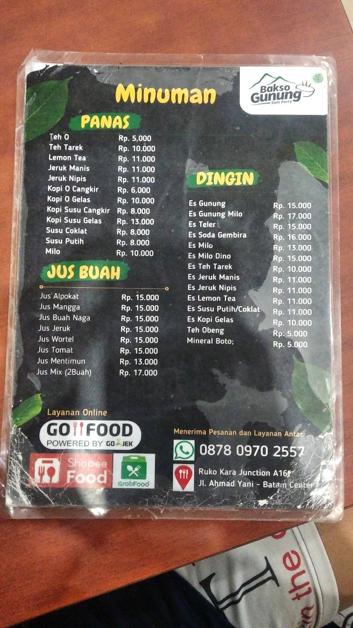 Menu at Bakso Gunung Sam Ferry restaurant, Batam, No. 16 Komplek Kara ...