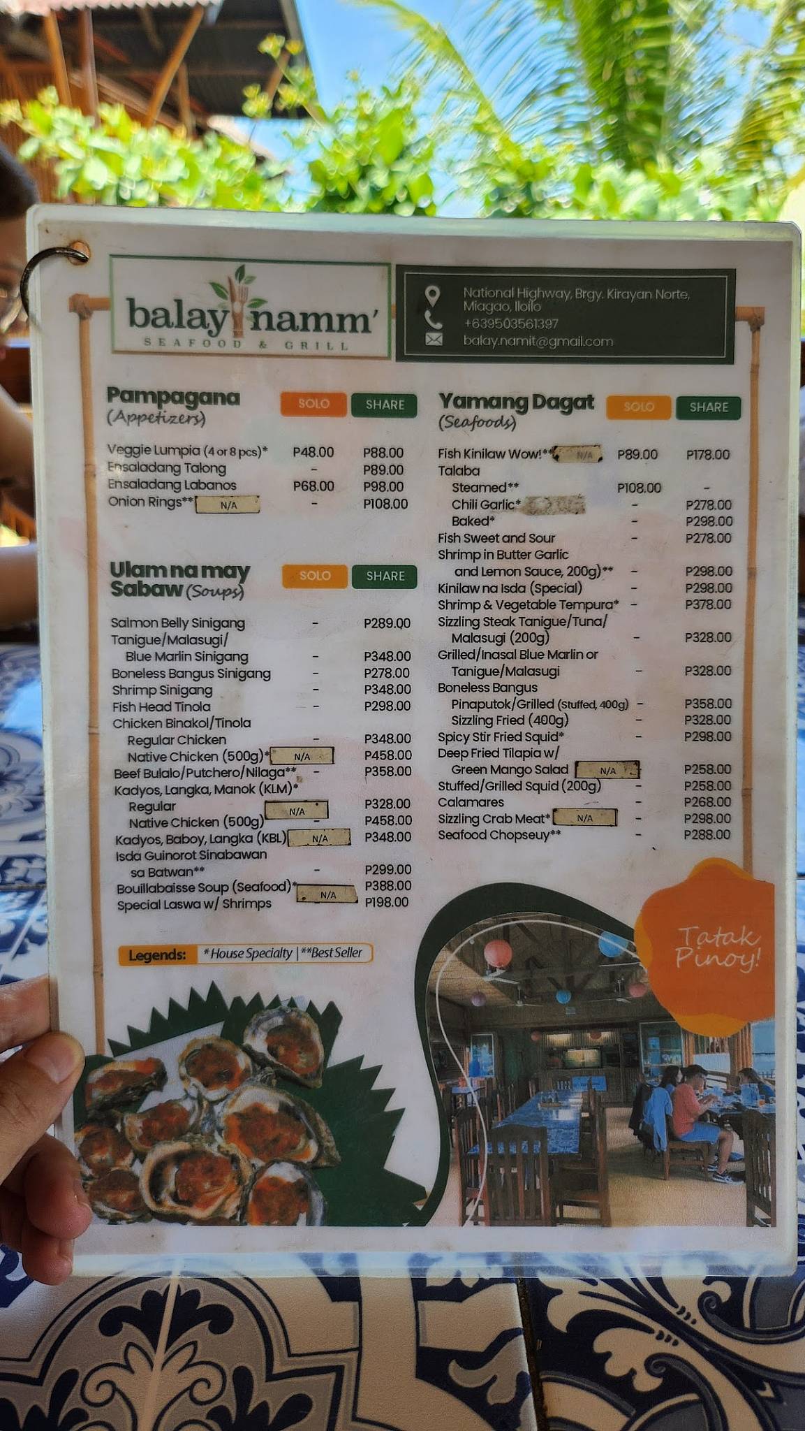 Menu at Balay Namm’ Seafood & Grill restaurant, Miagao