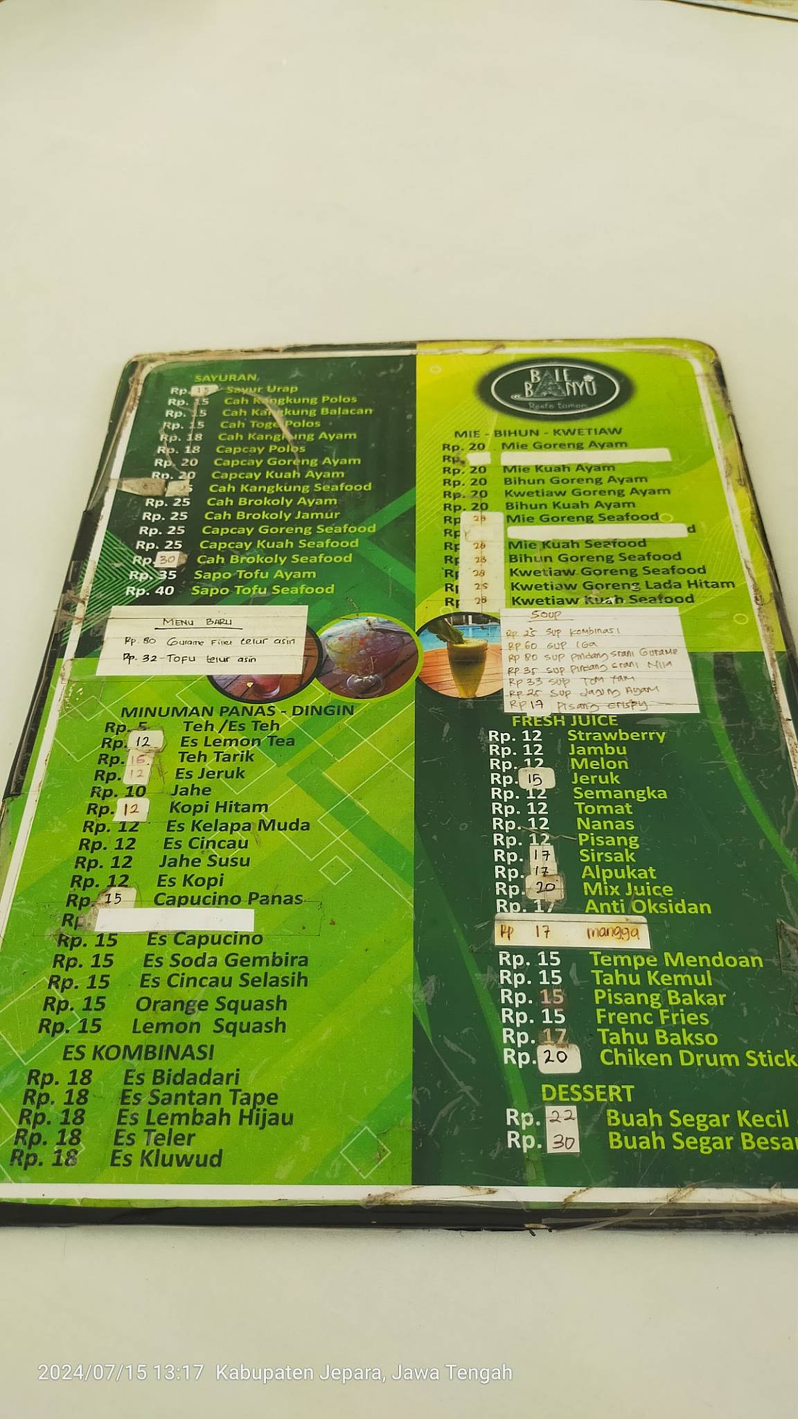 Menu at Bale Banyu restaurant, Pecangaan