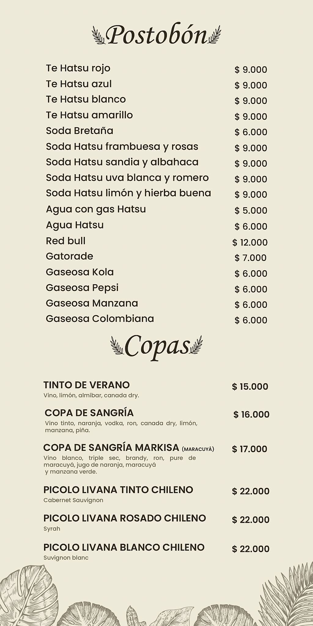 Carta del restaurante Bali al Parque, Bucaramanga