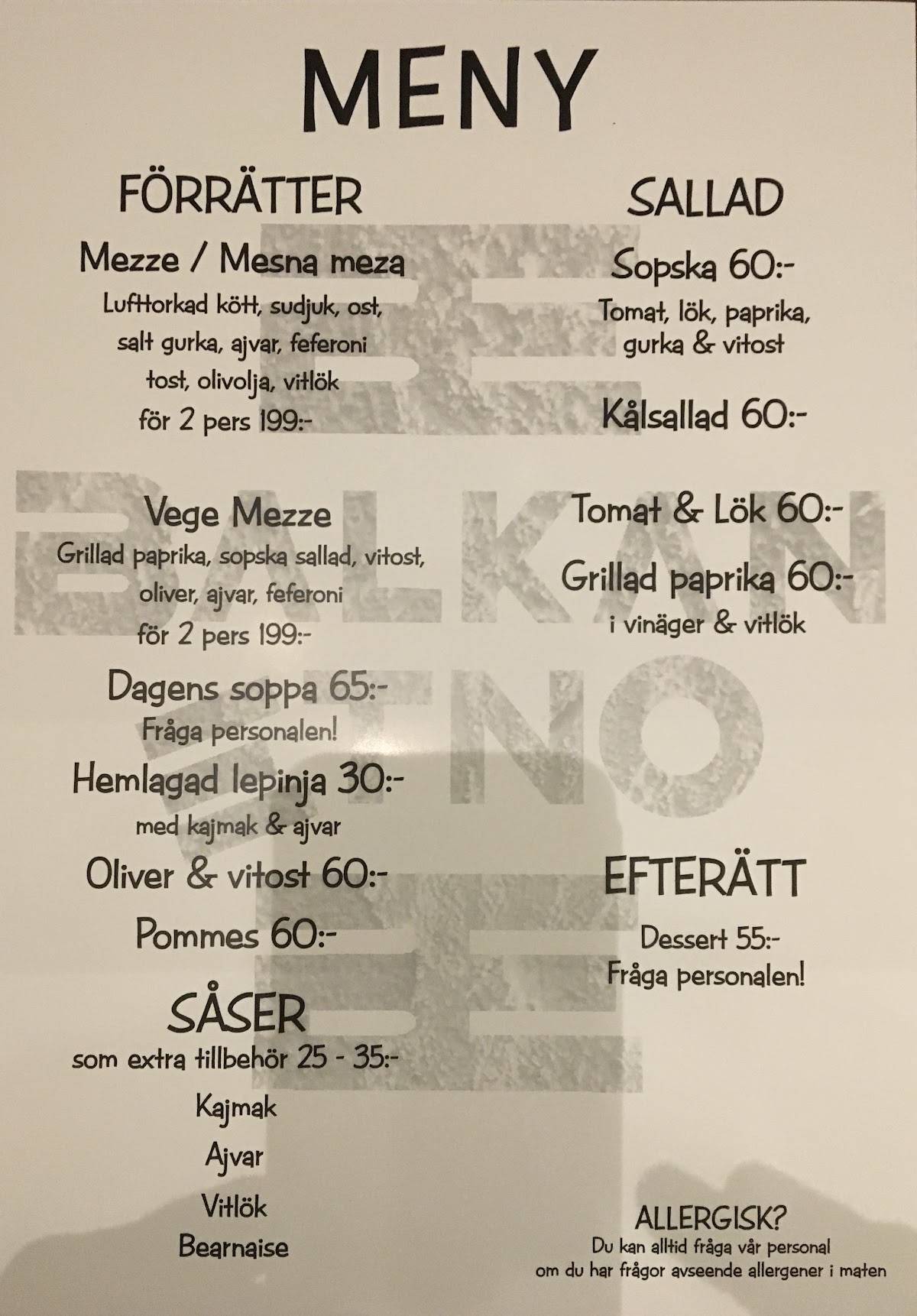 Menu at Balkan Etno restaurant, Malmö