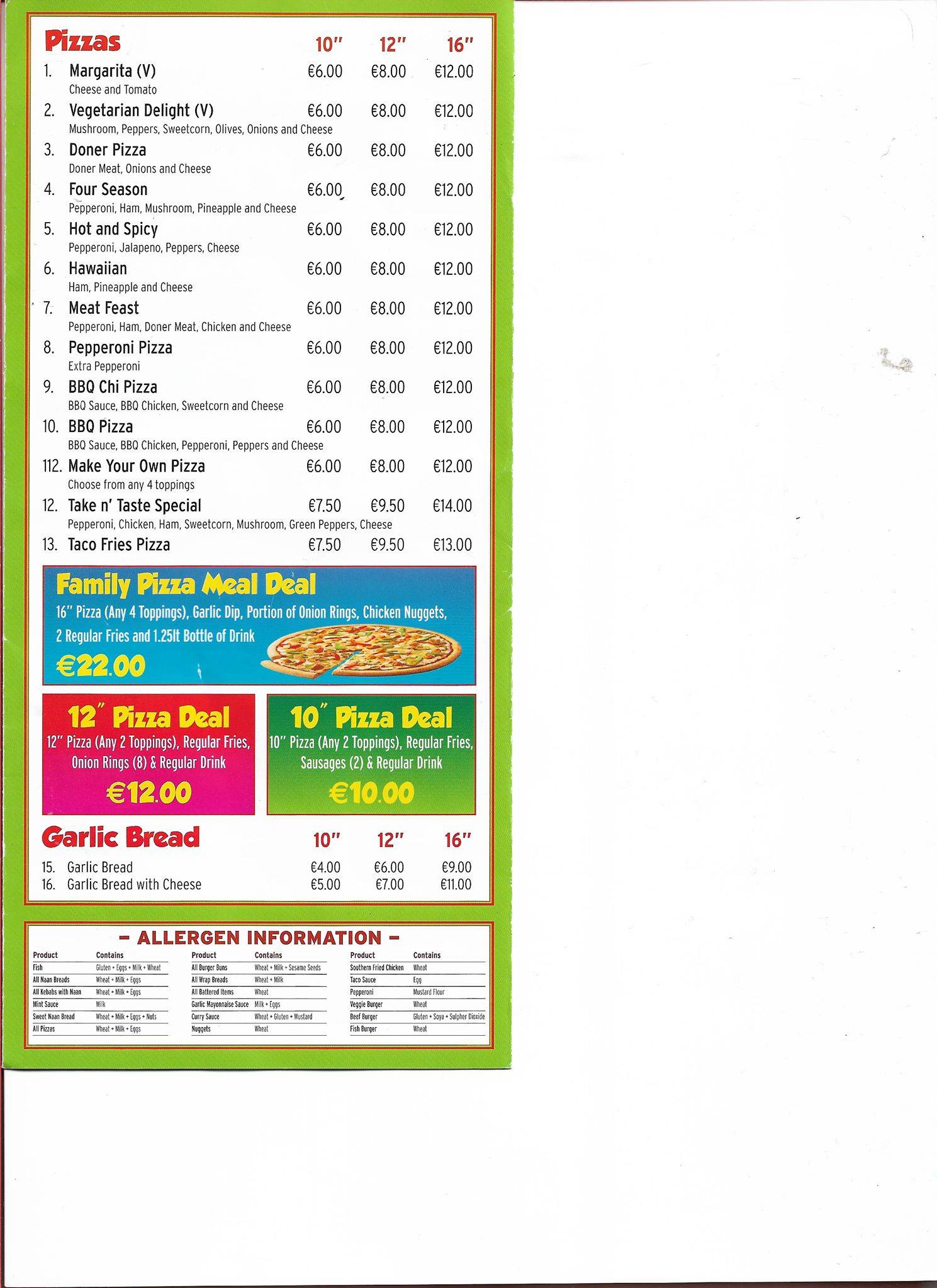 Menu at Take N' Taste Ballybunnion restaurant, Ballybunnion