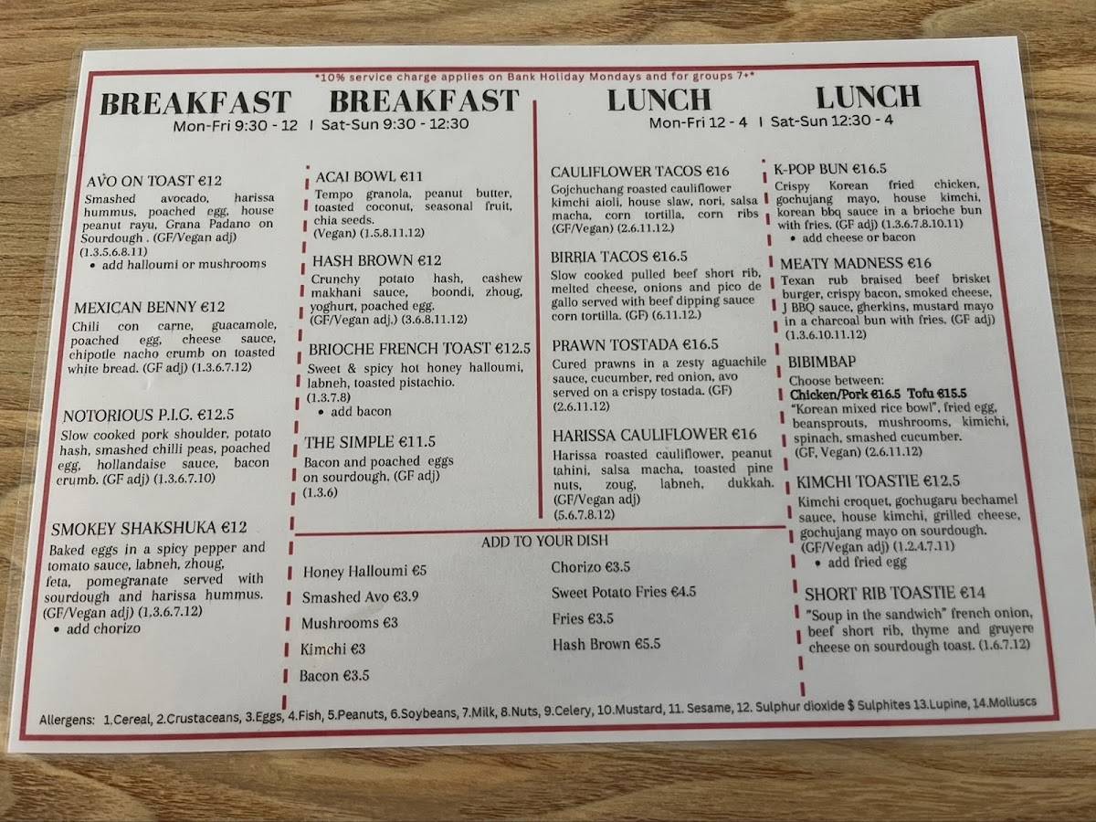 Menu at Tempo Cafe, Ballysadare