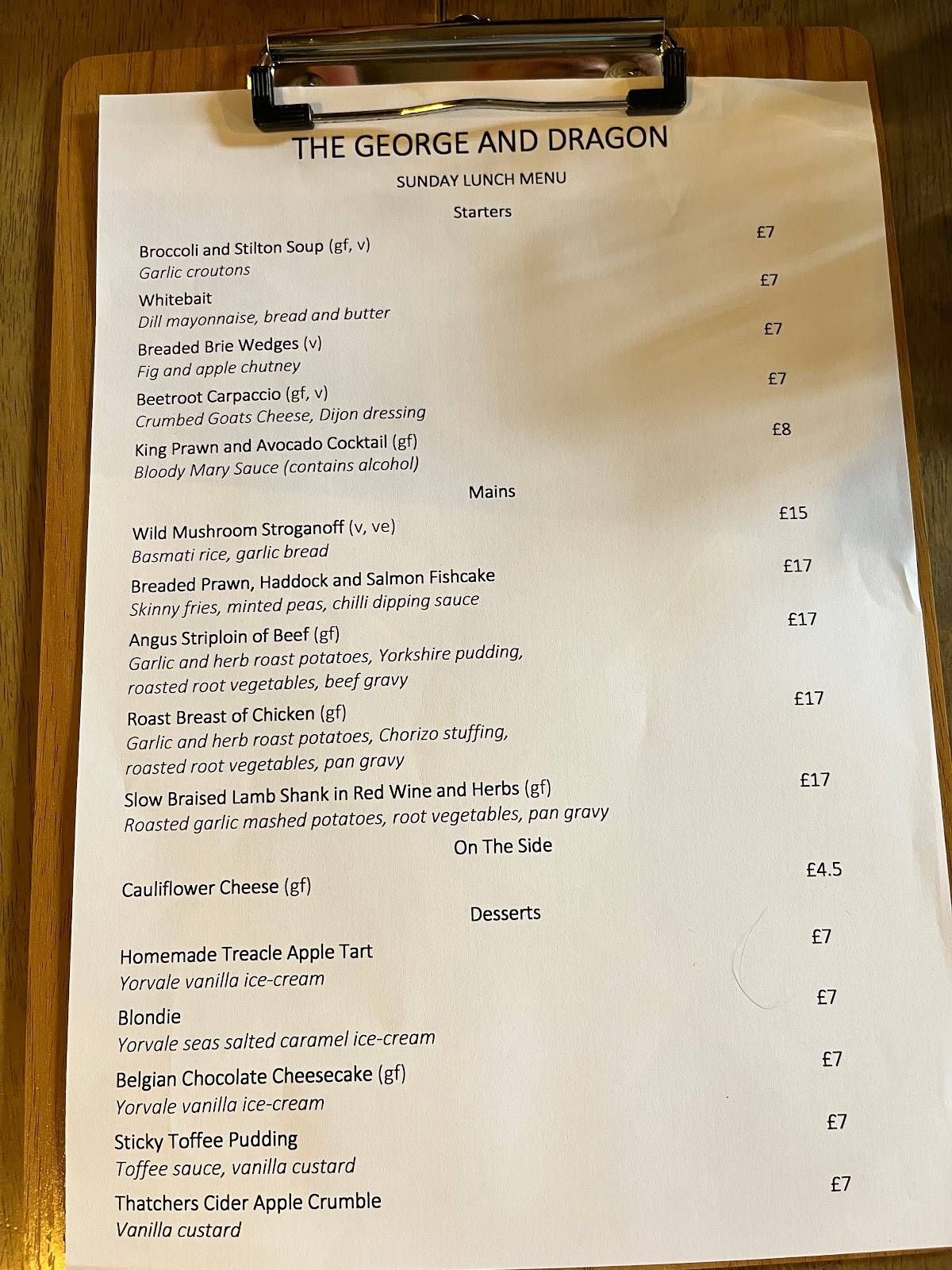 Menu at The George & Dragon pub & bar, Banbury