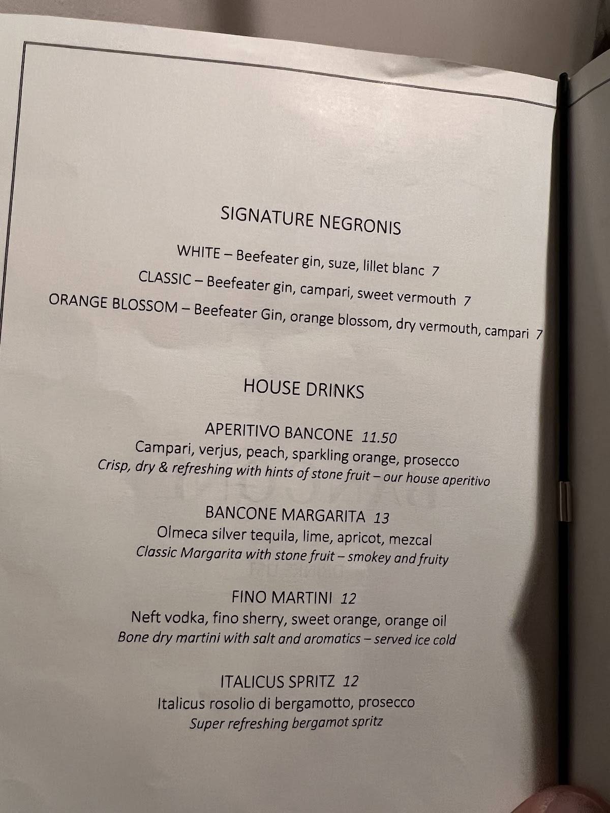 Menu at Bancone Covent Garden restaurant, London, 39 William IV St