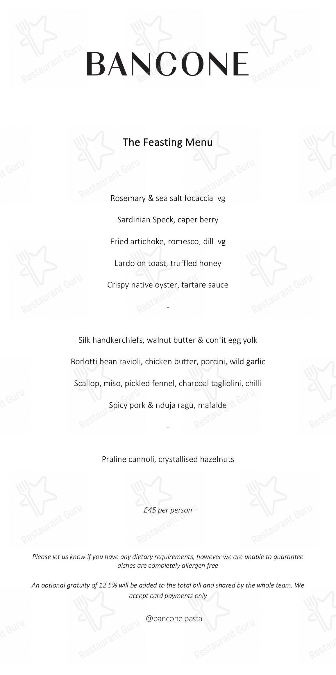 Menu at Bancone Covent Garden restaurant, London, 39 William IV St