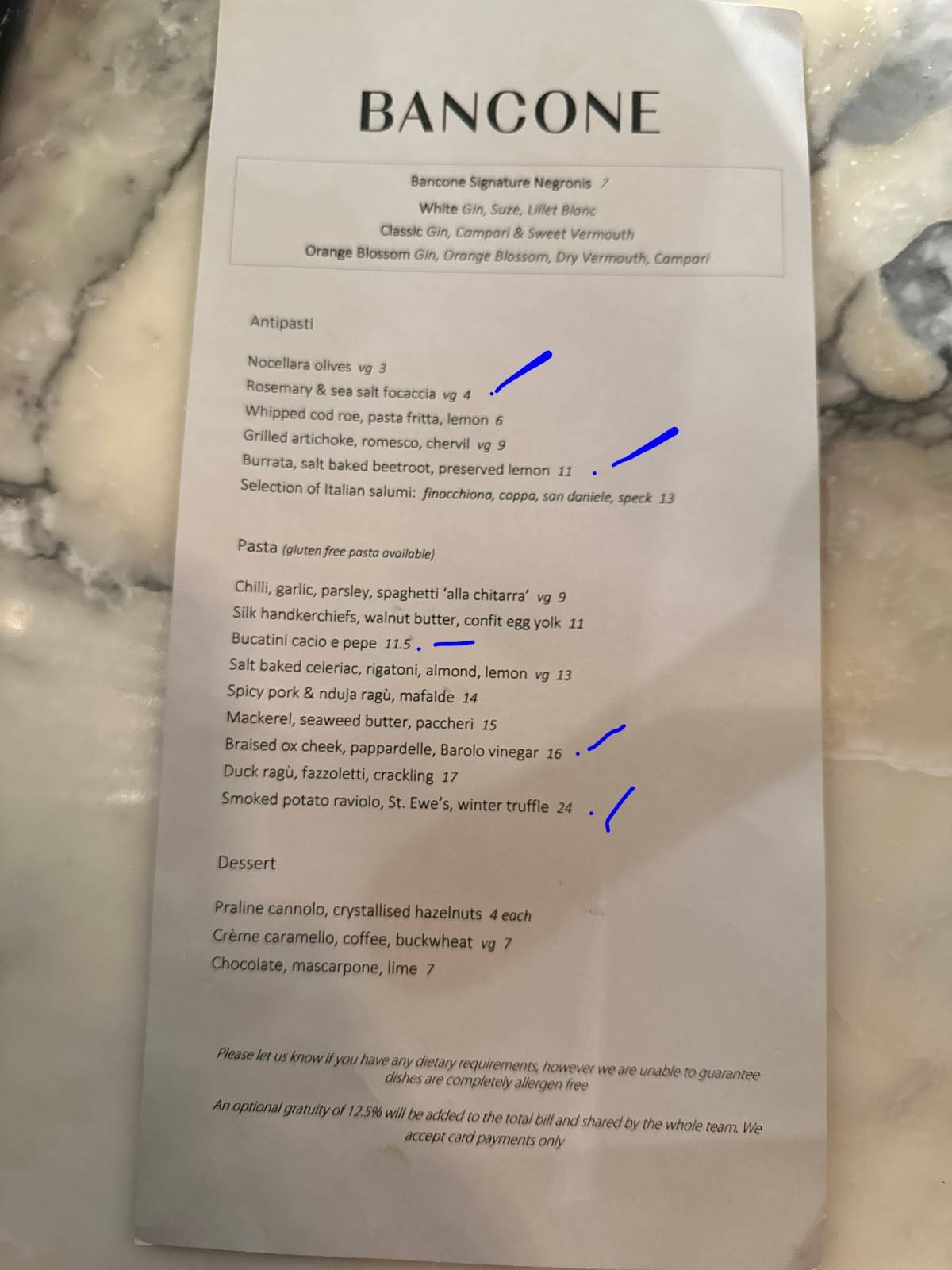 Carta del restaurante Bancone Golden Square, Londres, 8-10 Lower James St