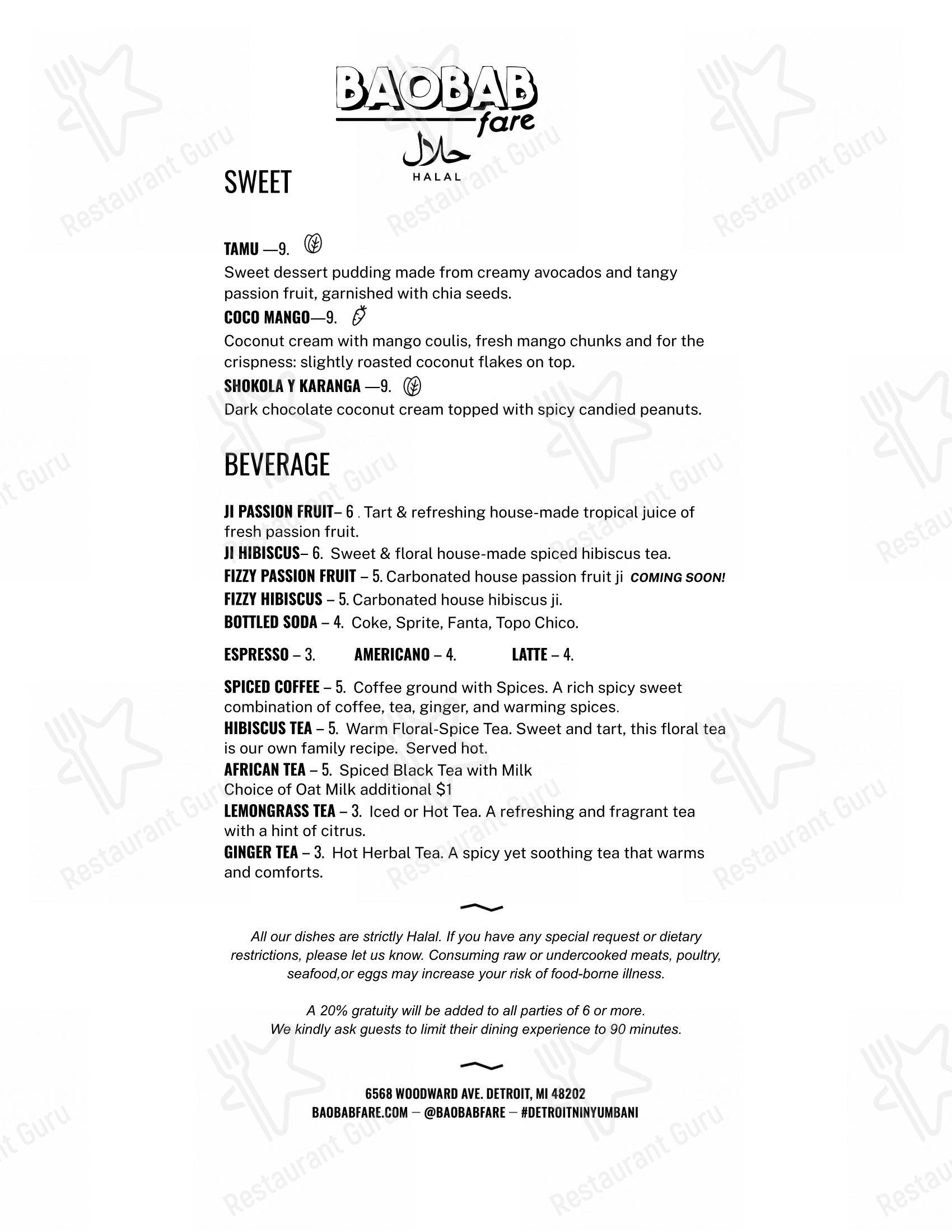 Menu at Baobab Fare pub & bar, Detroit