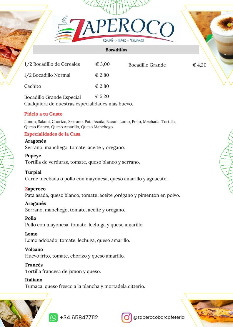 Menu at Bar Cafeteria Zaperoco, Santa Cruz de Tenerife