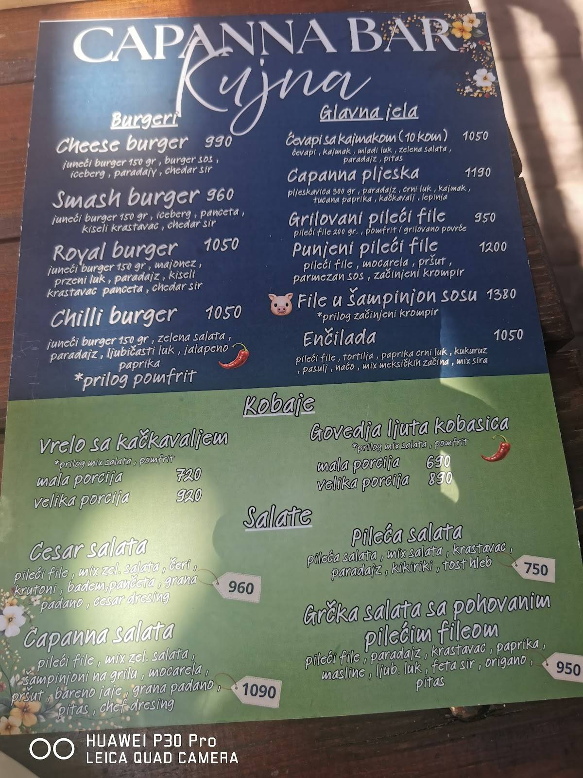 Menu at Bar-Capanna on the beach, Sremska Mitrovica