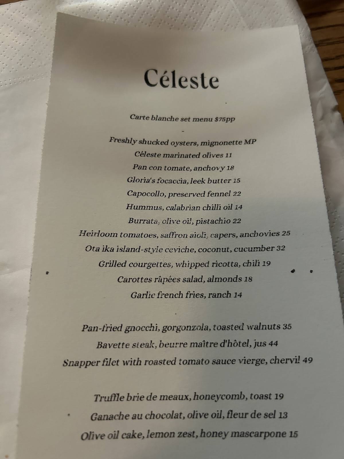 Menu at Bar Céleste, Auckland