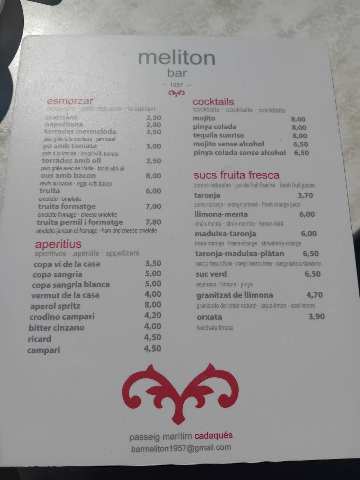 Menu at Bar Melitón, Cadaqués