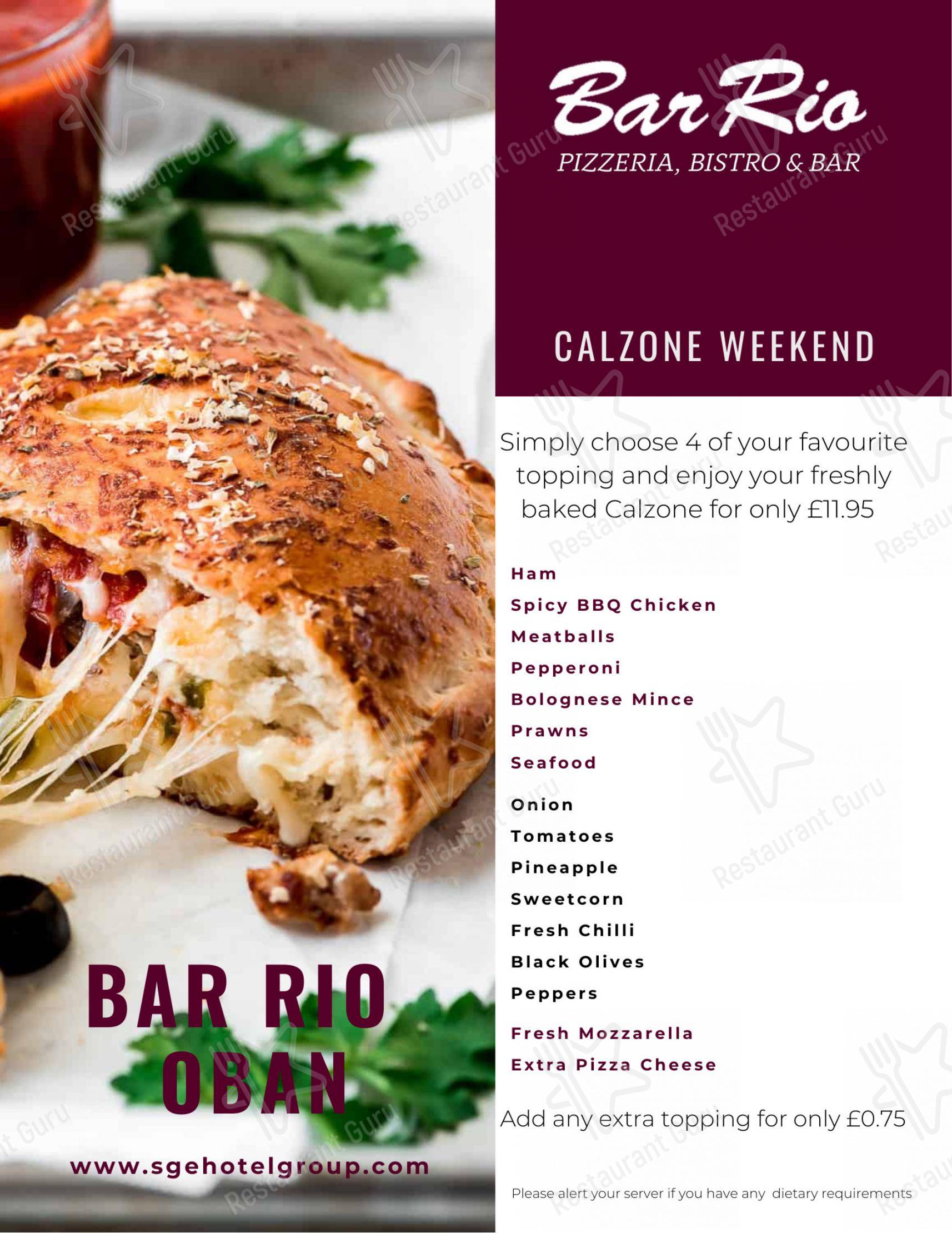 Menu at Bar Rio @ The Columba Hotel, Oban