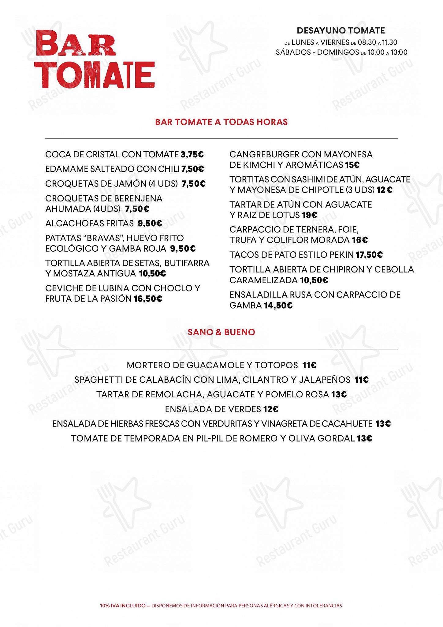 Carta de Bar Tomate, Madrid