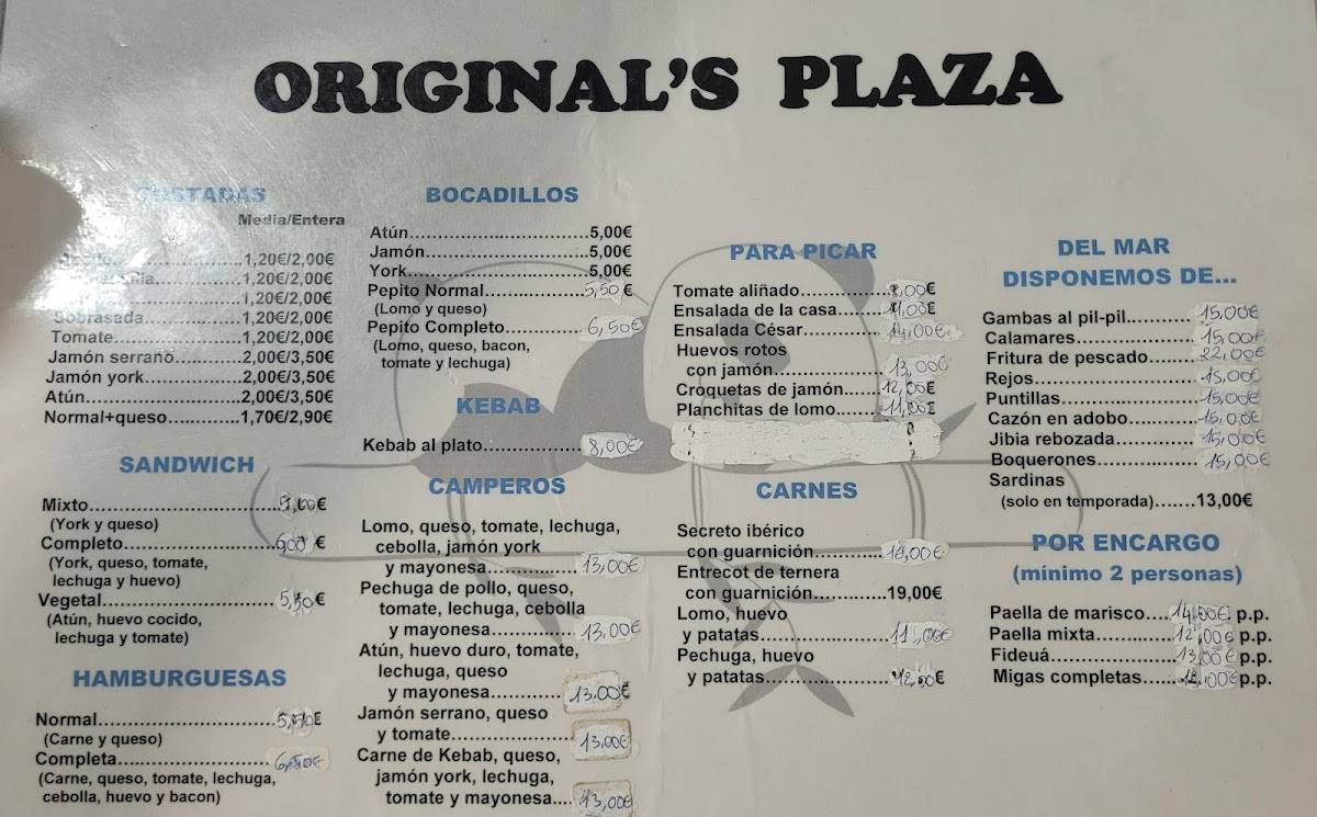 Carta de Bar cafetería originals plaza, Castell de Ferro