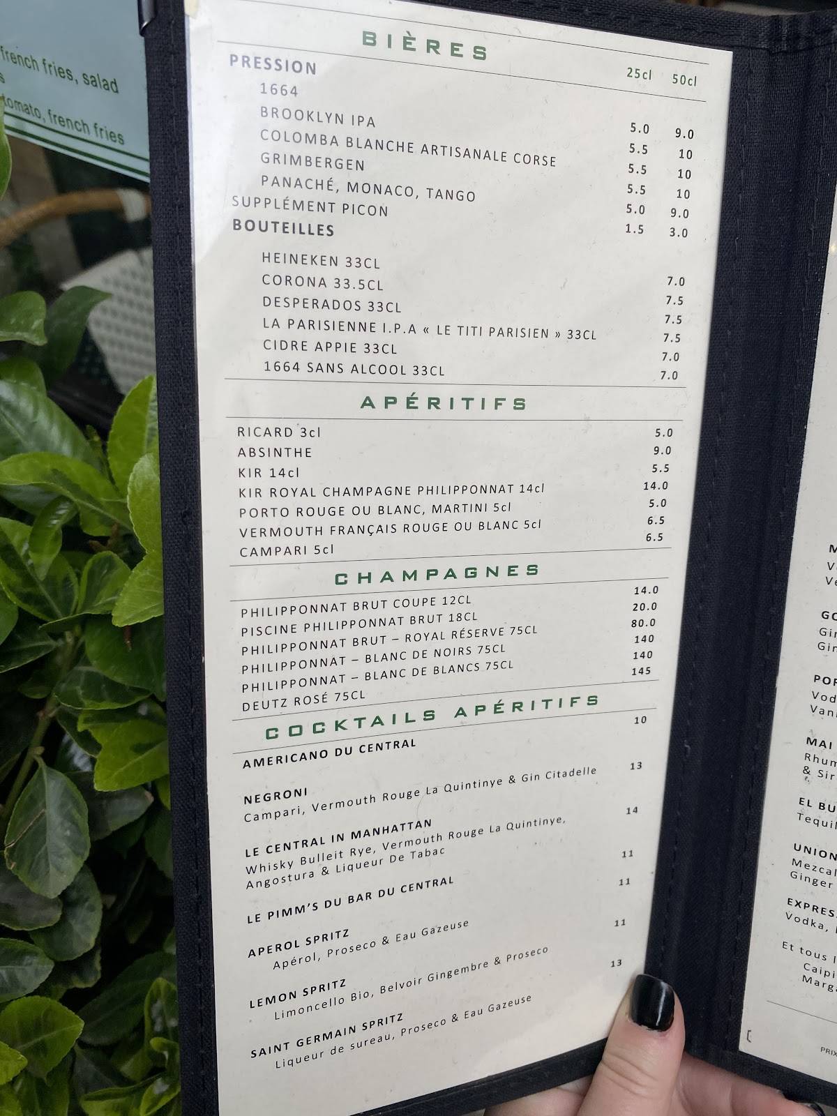 Menu at Bar du Central, Paris, 99 Rue Saint-Dominique
