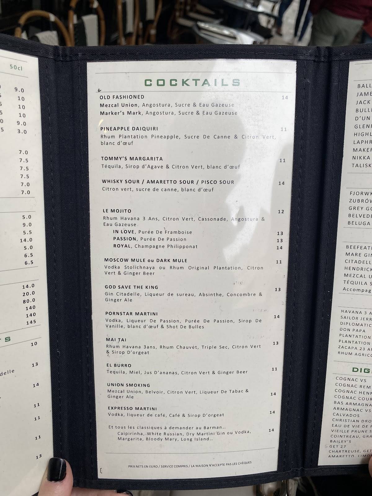 Menu at Bar du Central, Paris, 99 Rue Saint-Dominique