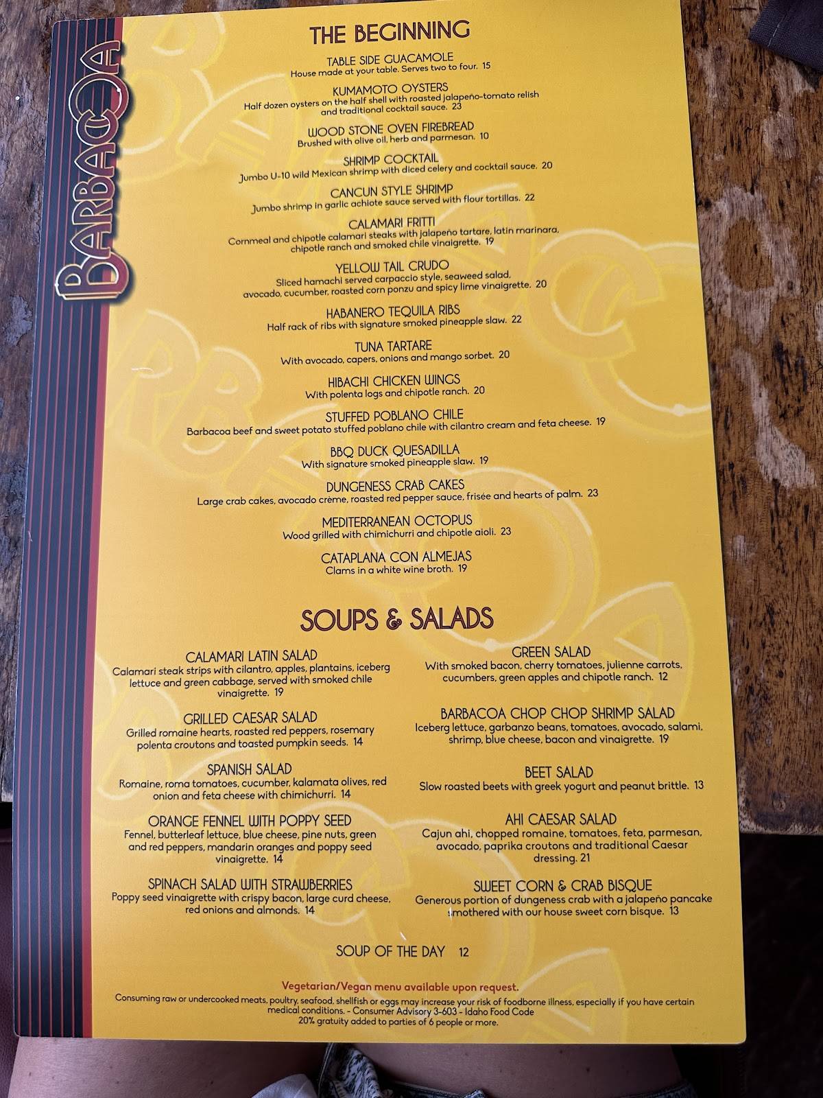 Menu at Barbacoa Grill, Boise