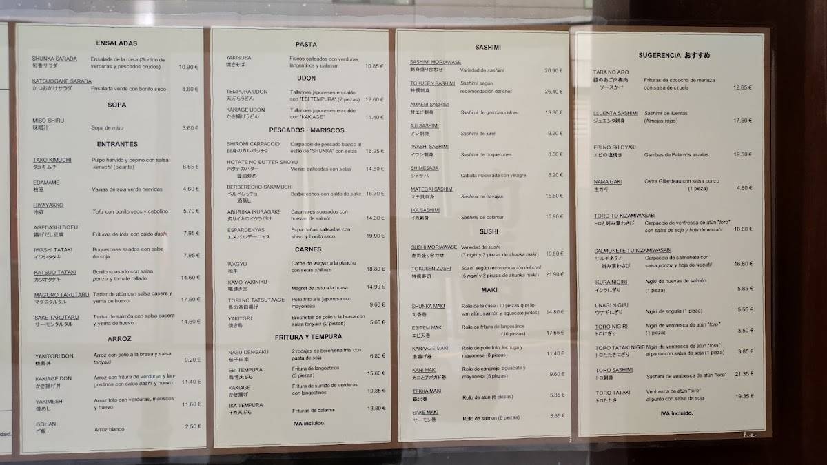 Carta del restaurante Shunka, Barcelona