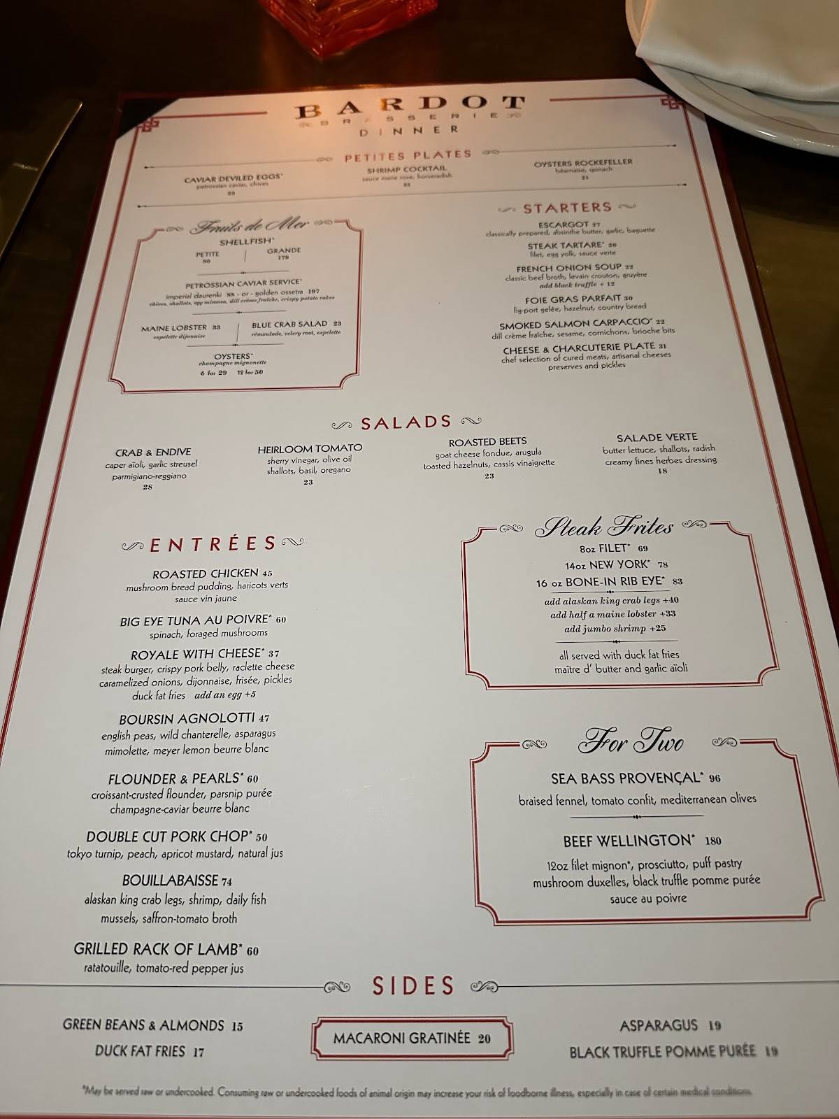 Menu at Bardot Brasserie, Las Vegas, 3730 S Las Vegas Blvd